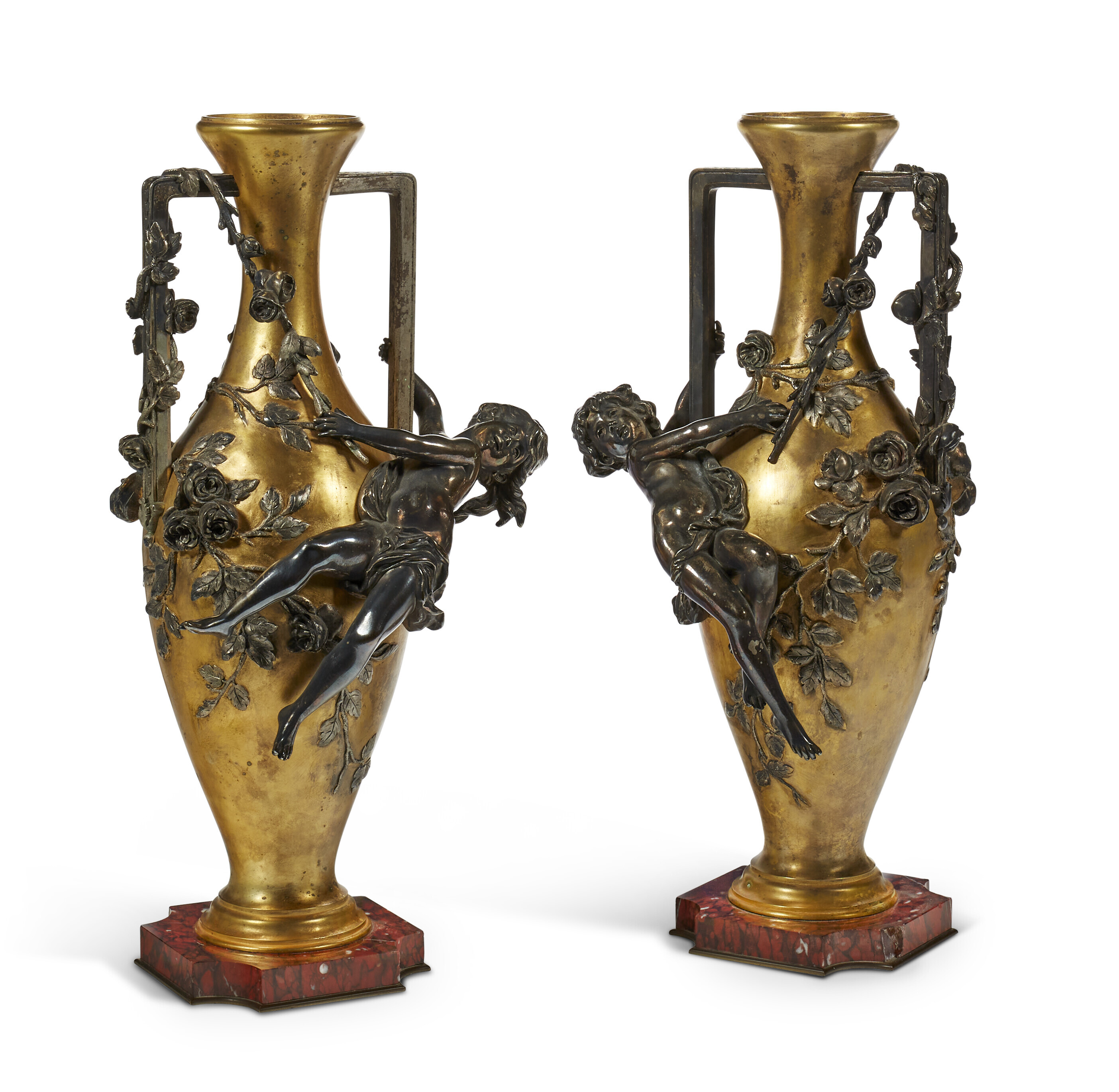 A PAIR OF FRENCH ORMOLU, SILVERED-BRONZE AND ROUGE GRIOTTE MARBLE ...