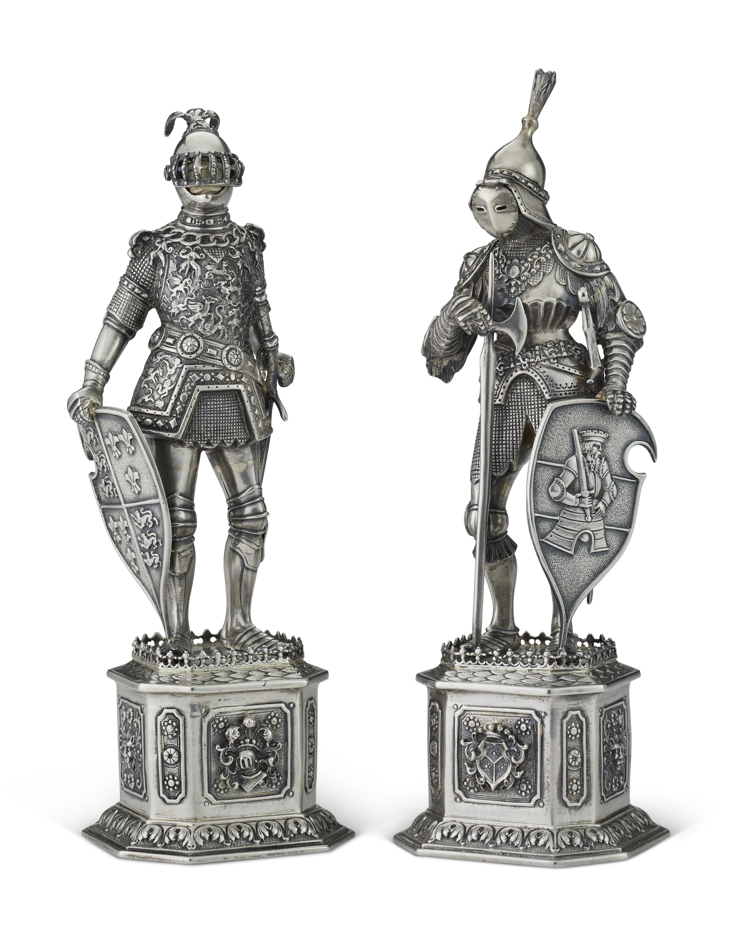 A PAIR OF GERMAN SILVER FIGURES OF KNIGHTS, PROBABLY HANAU, CIRCA 1900 ...