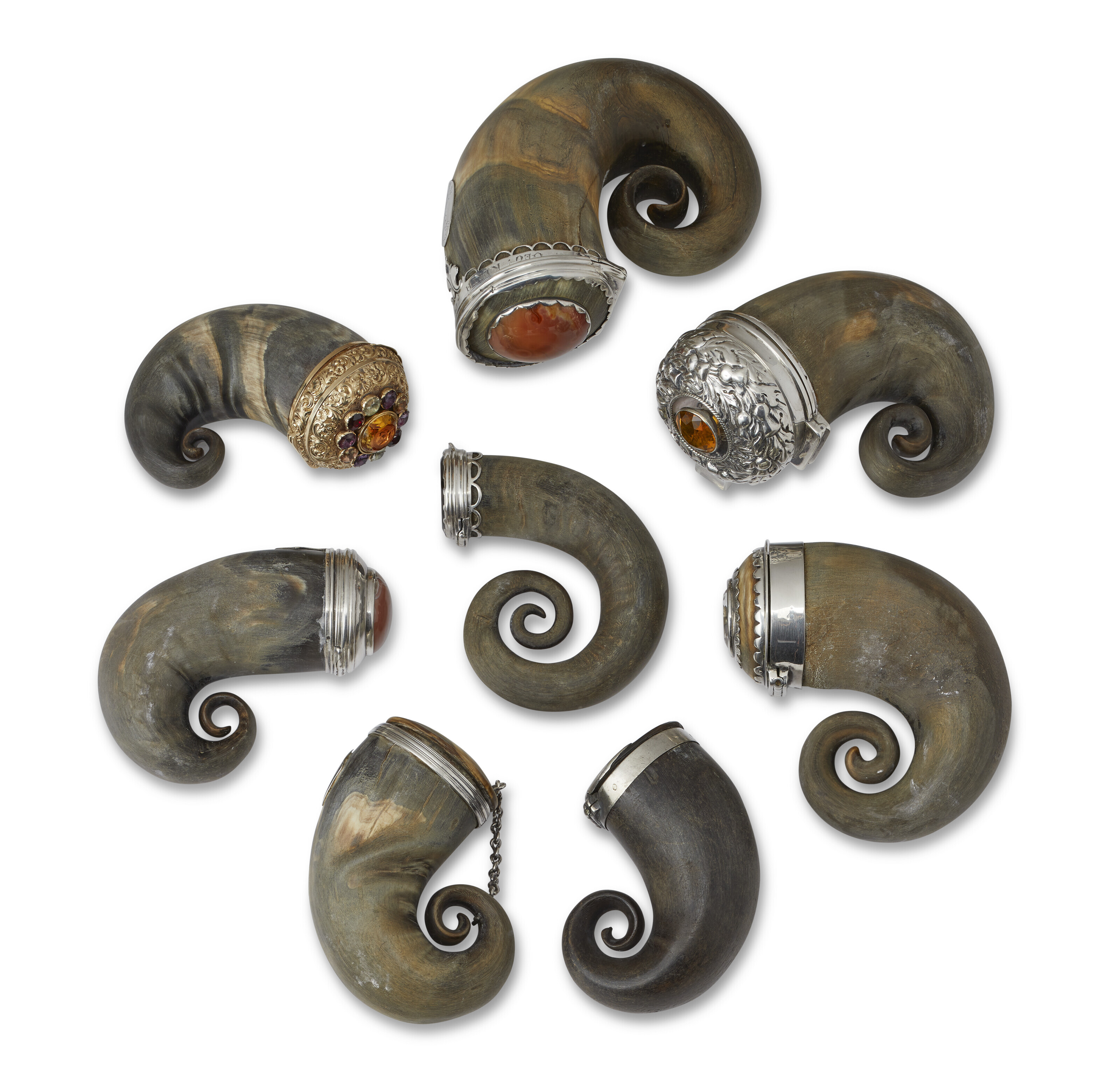 EIGHT VICTORIAN SCOTTISH SILVER AND GEM-MOUNTED HORN SNUFF MULLS ...