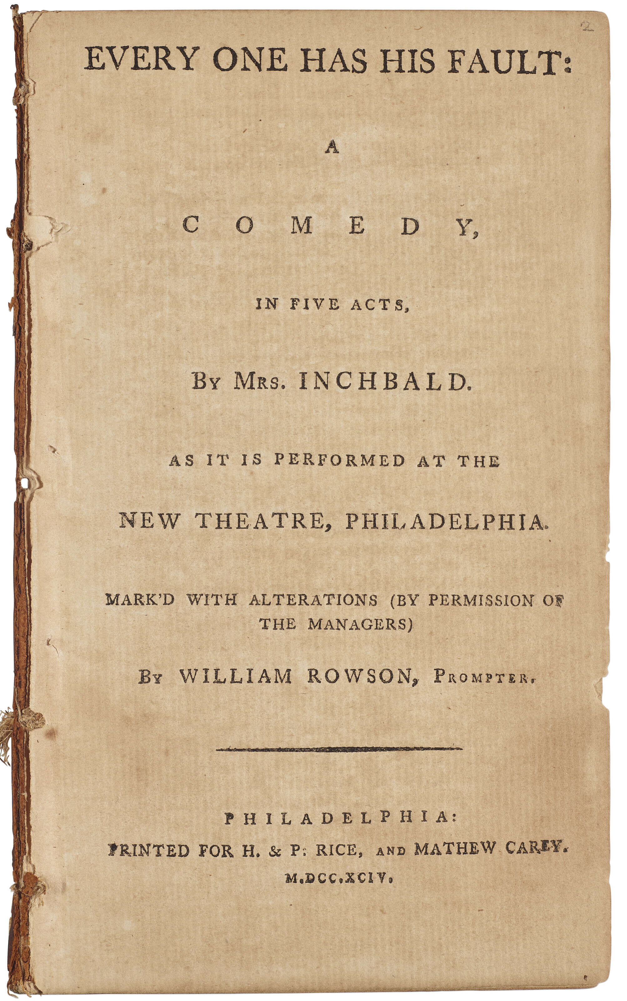 Every One Has His Fault, Susanna and William Rowson, 1794 | Christie’s