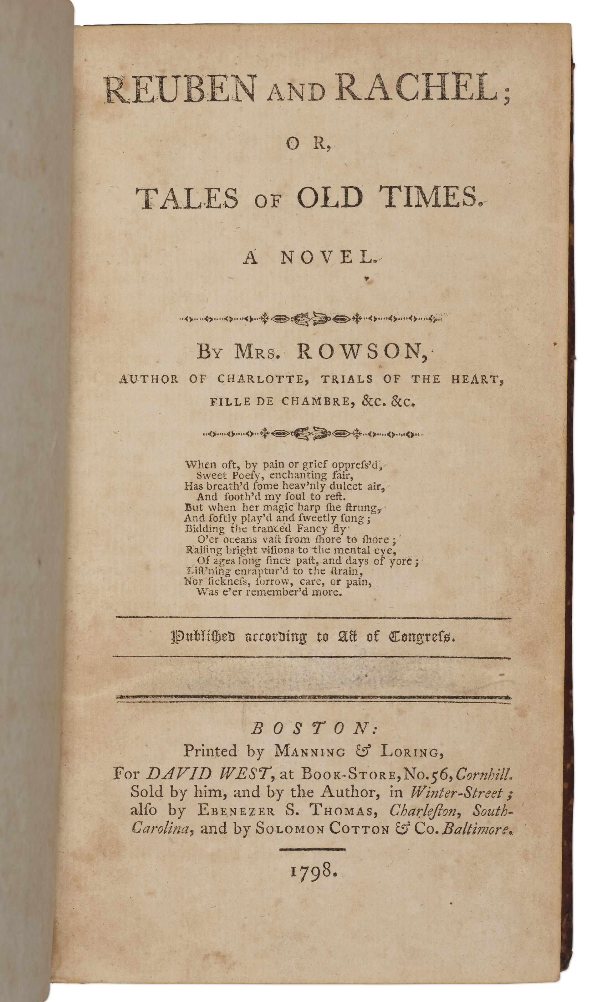 Reuben & Rachel, Susanna Rowson, 1798 | Christie’s