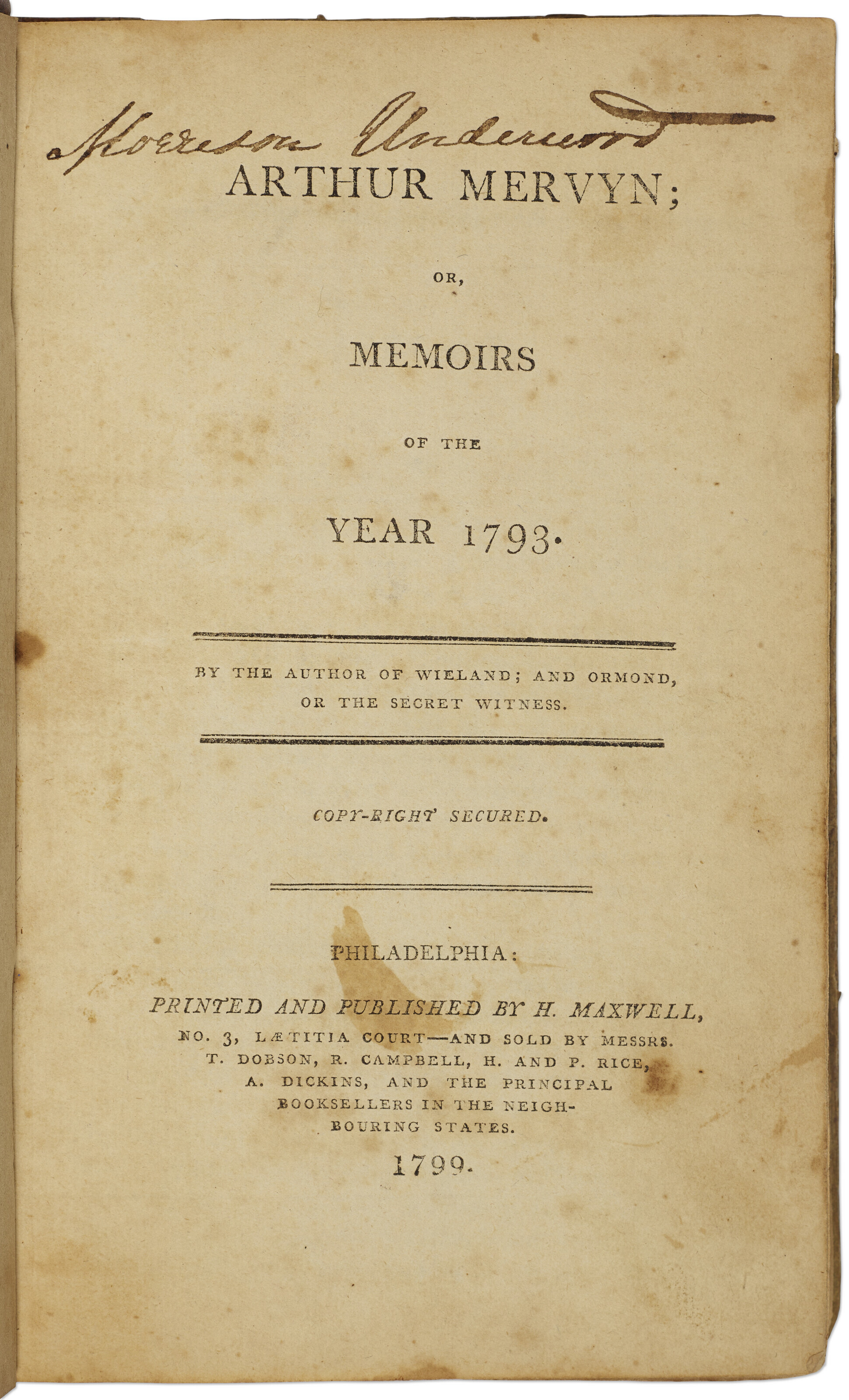 Arthur Mervyn; or Memoirs of the Year 1793, Charles Brockden Brown ...