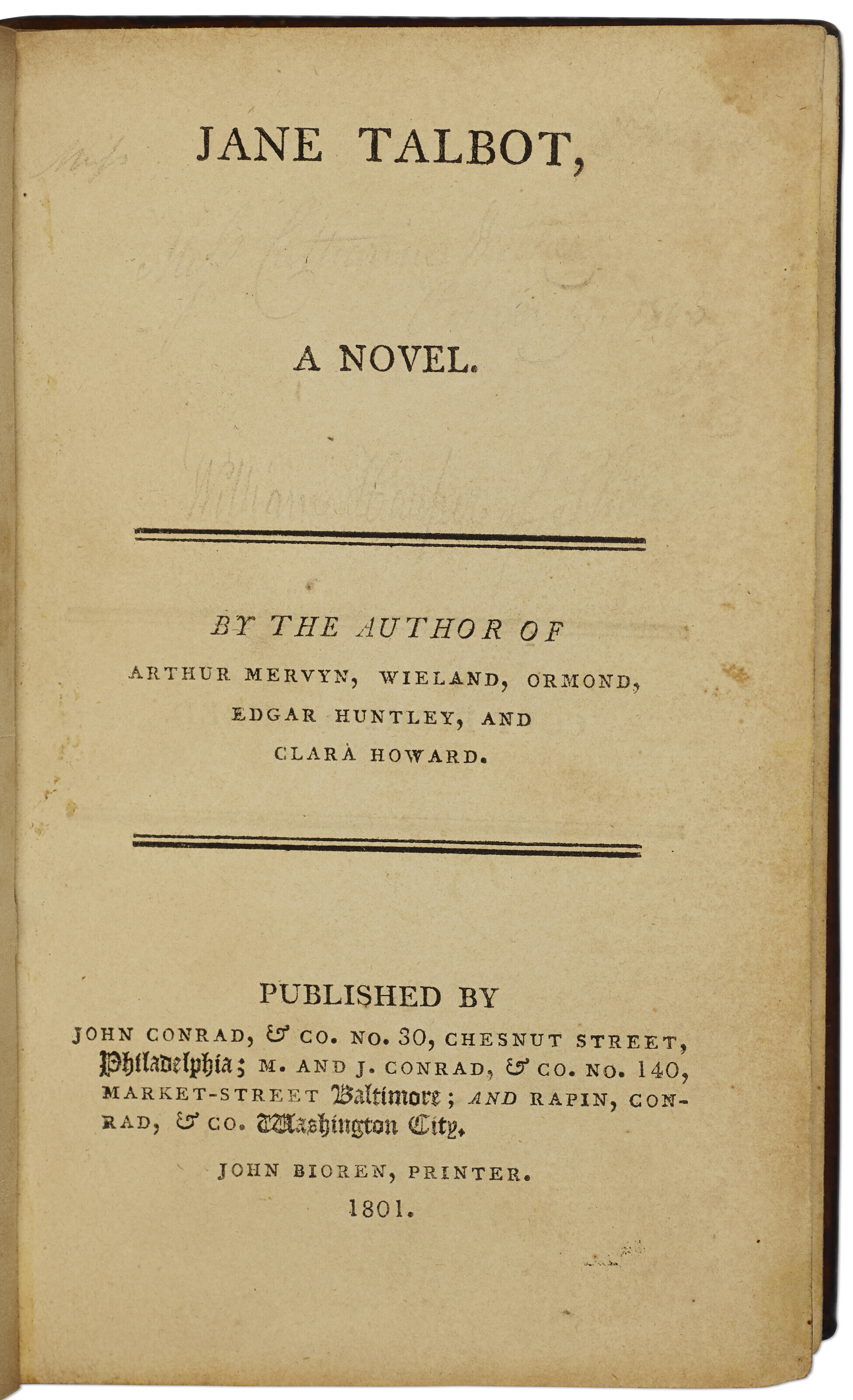 Jane Talbot, Charles Brockden Brown, 1801 | Christie’s