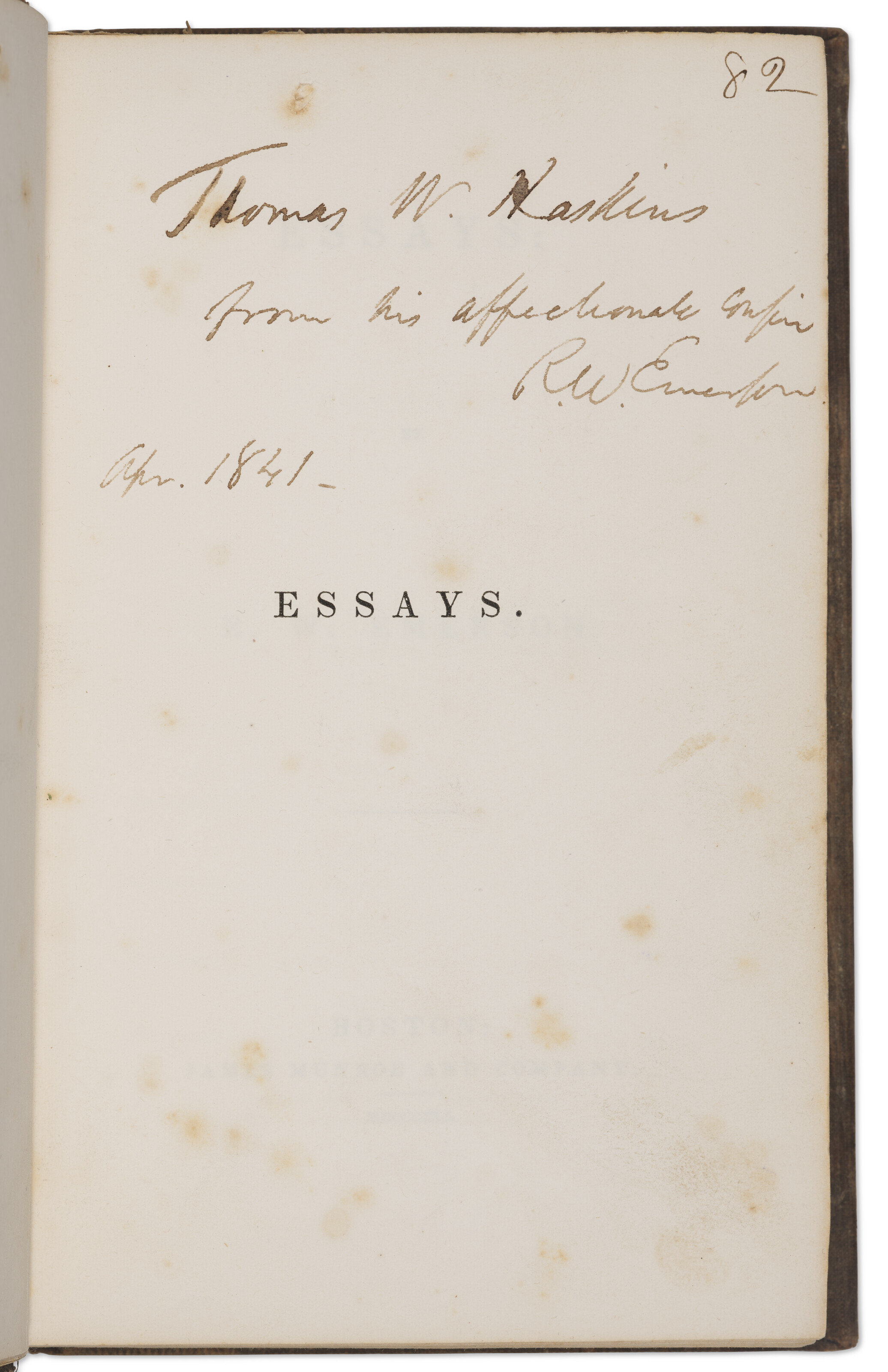 Presentation Copies of the Essays, First and Second Series, Ralph Waldo ...