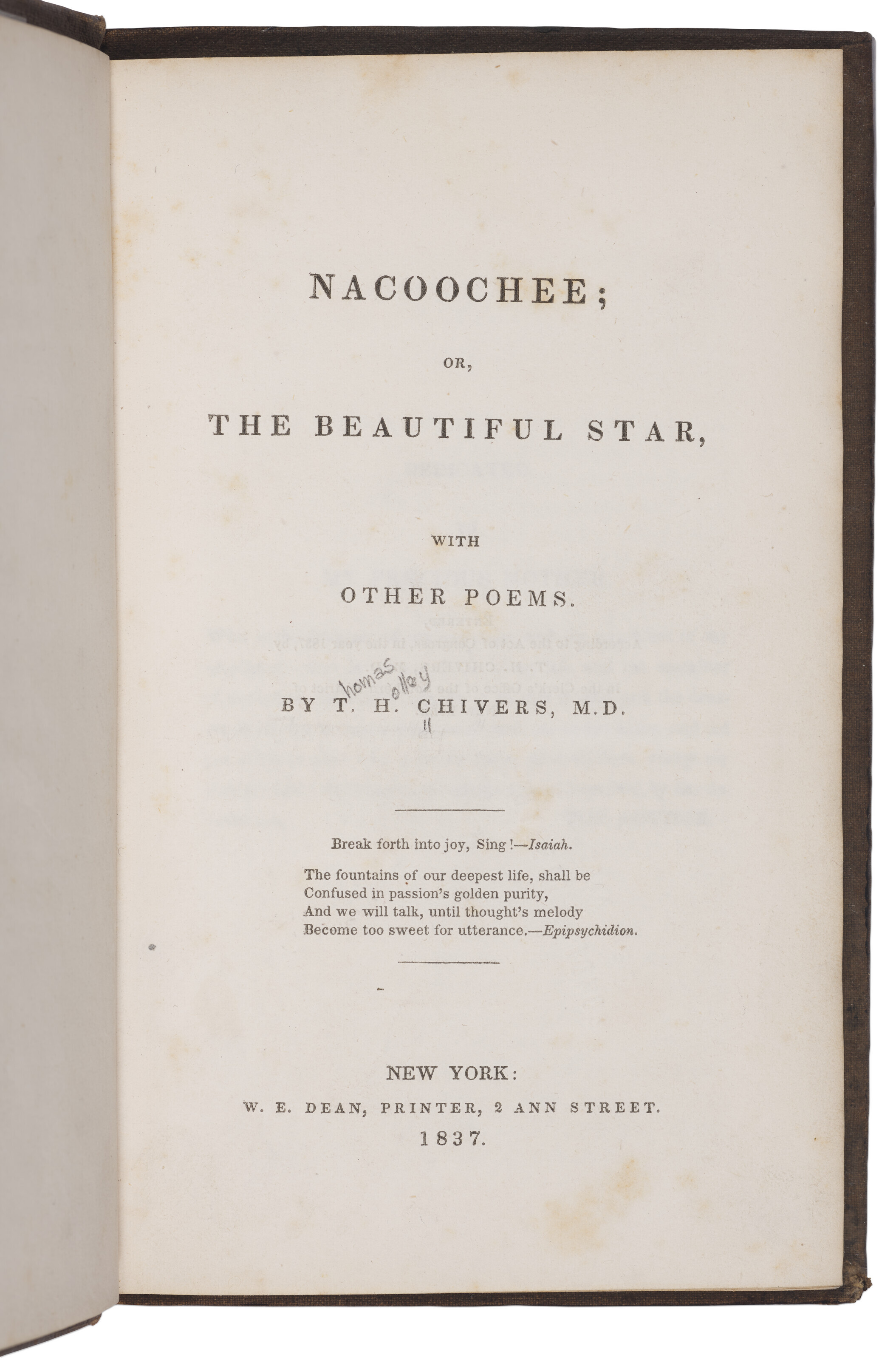 Nacoochee; or, The Beautiful Star, Thomas Holley Chivers, 1837 | Christie’s