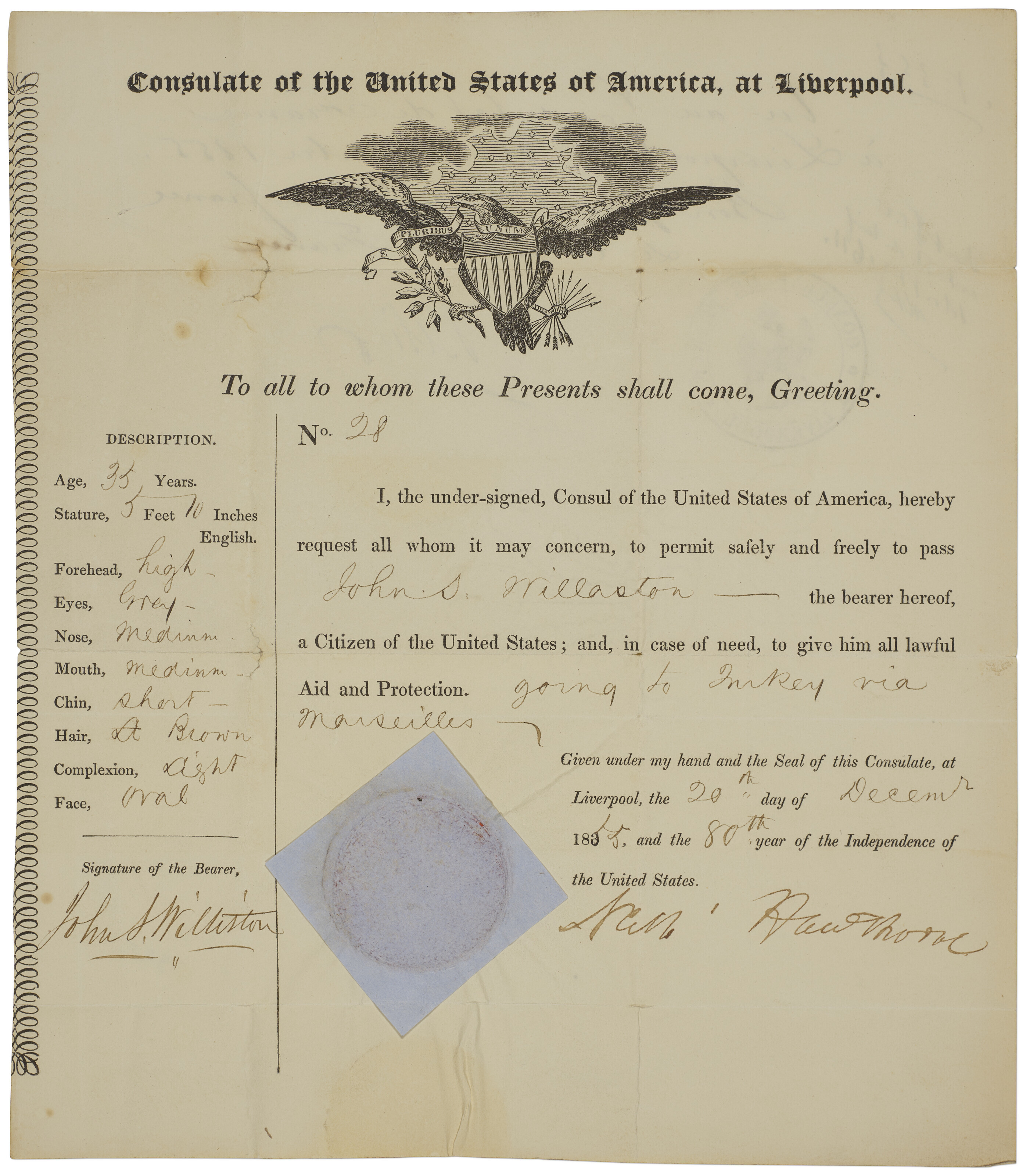 A consular passport and other signed documents, Nathaniel Hawthorne ...