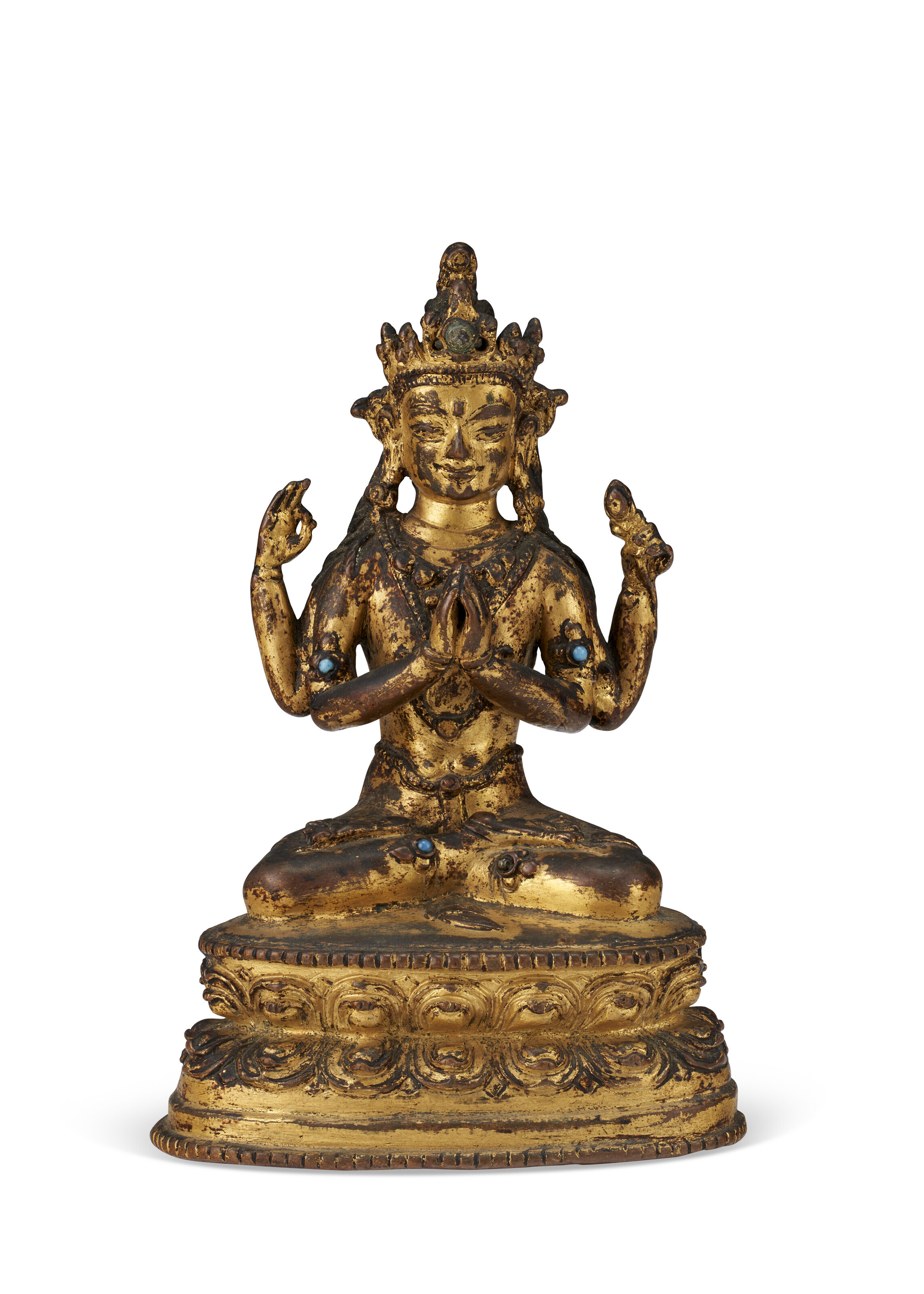 A SMALL GILT-COPPER FIGURE OF SHADAKSHARI LOKESHVARA, NEPAL, 14TH ...