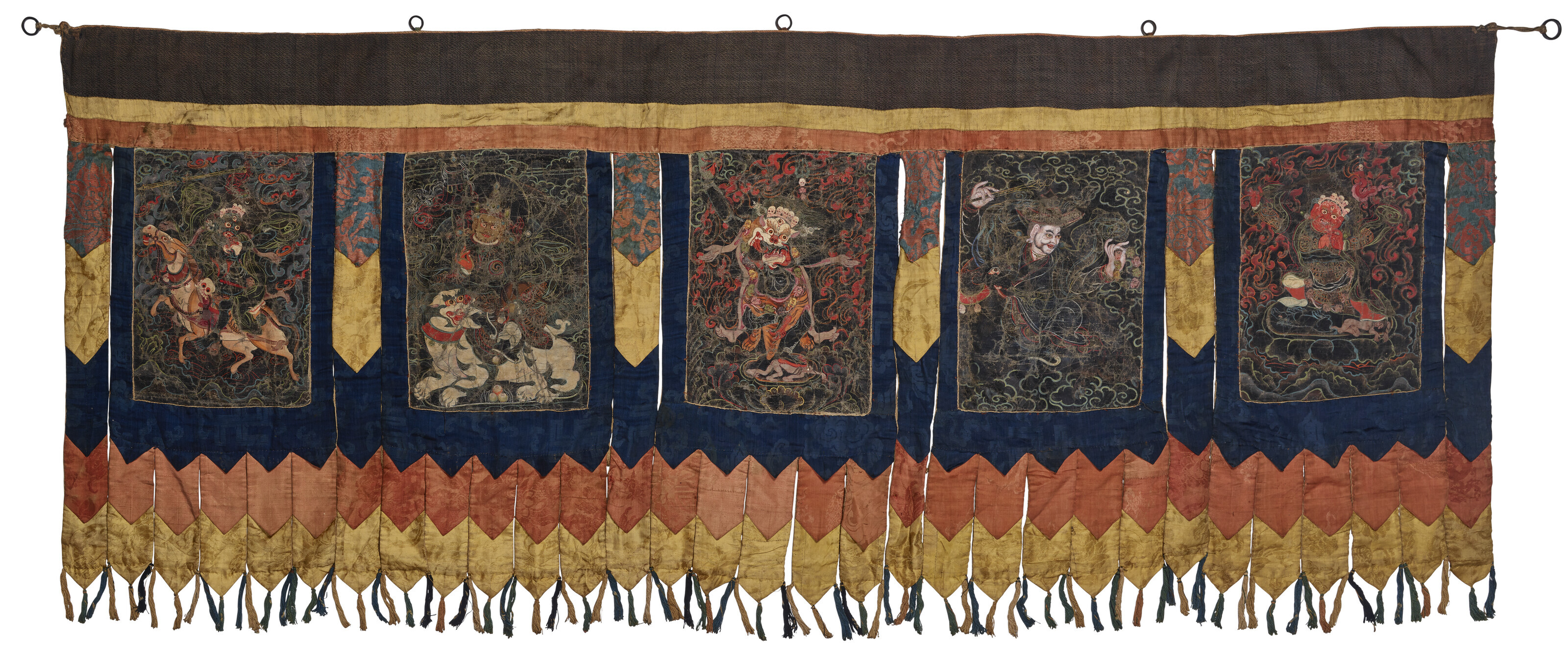 A SILK TEMPLE BANNER WITH FIVE BLACK GROUND PAINTINGS, TIBET, 18TH-19TH ...