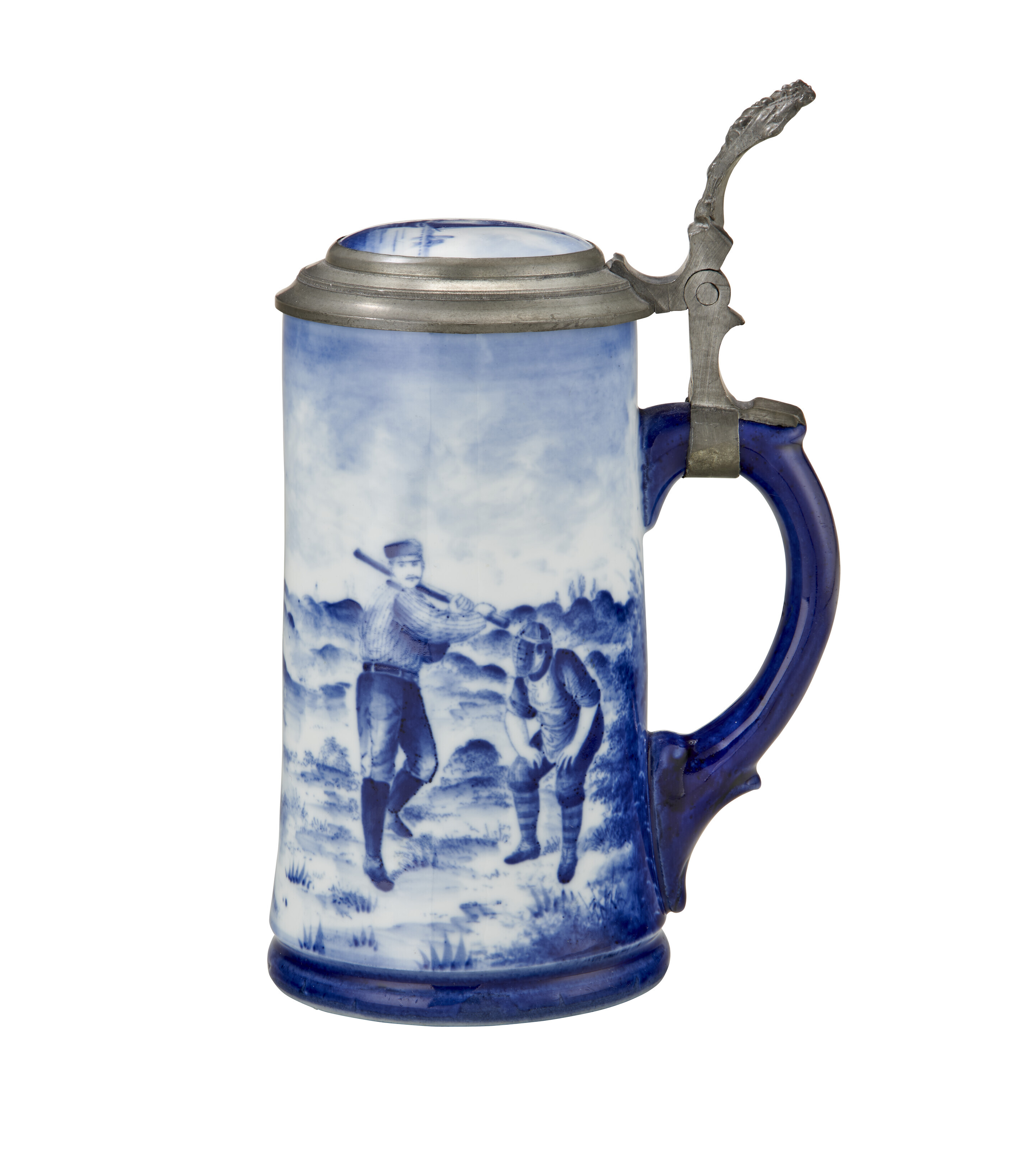 A PEWTER-MOUNTED GERMAN (SWAINE & CO.) 'DELFT' TANKARD, CIRCA 1896-1920 ...