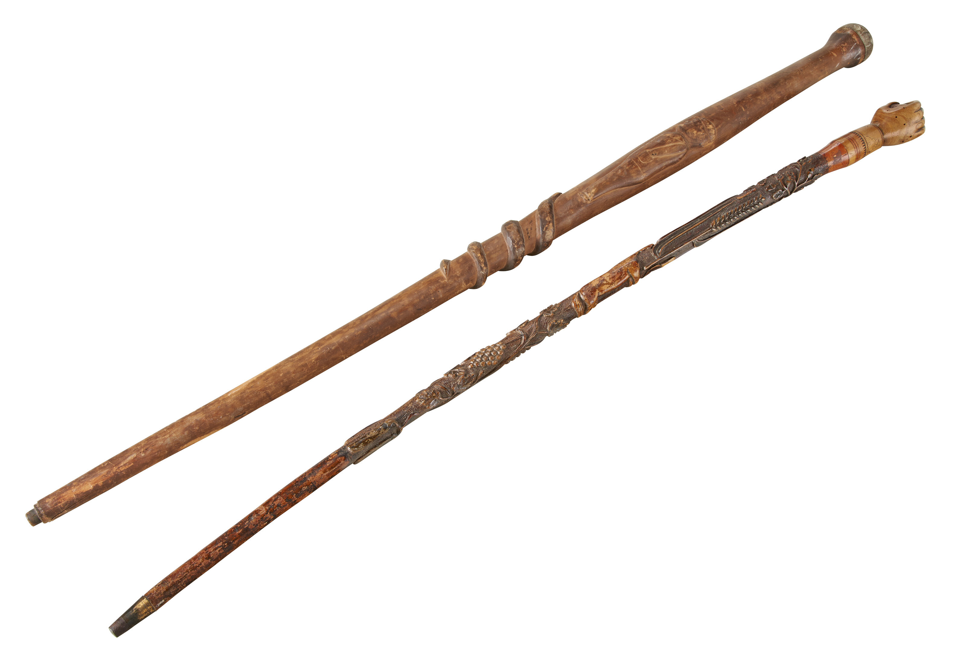 TWO CARVED WOOD BASEBALL WALKING STICKS, AMERICAN, CIRCA 1870-1900 ...