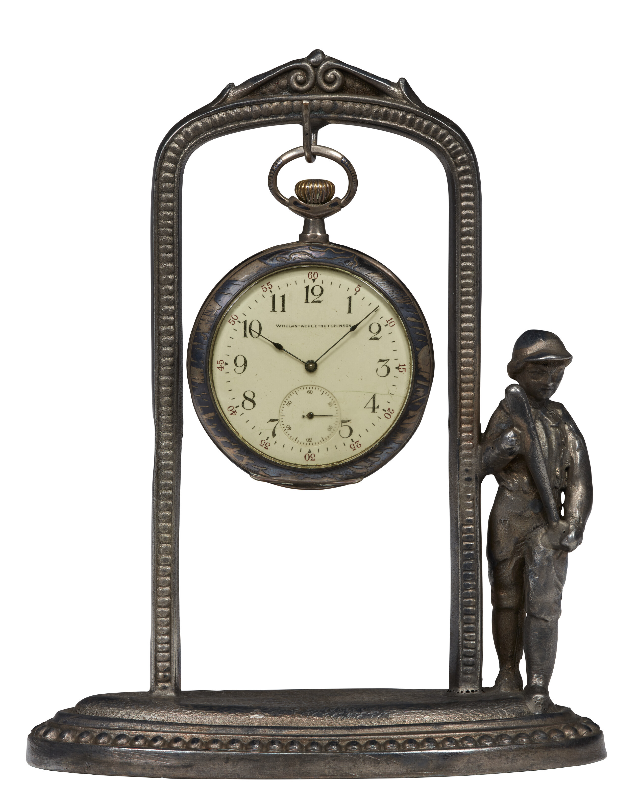 A SILVER AND NIELLO POCKET WATCH AND FIGURAL PEWTER STAND, THE CASE BY ...