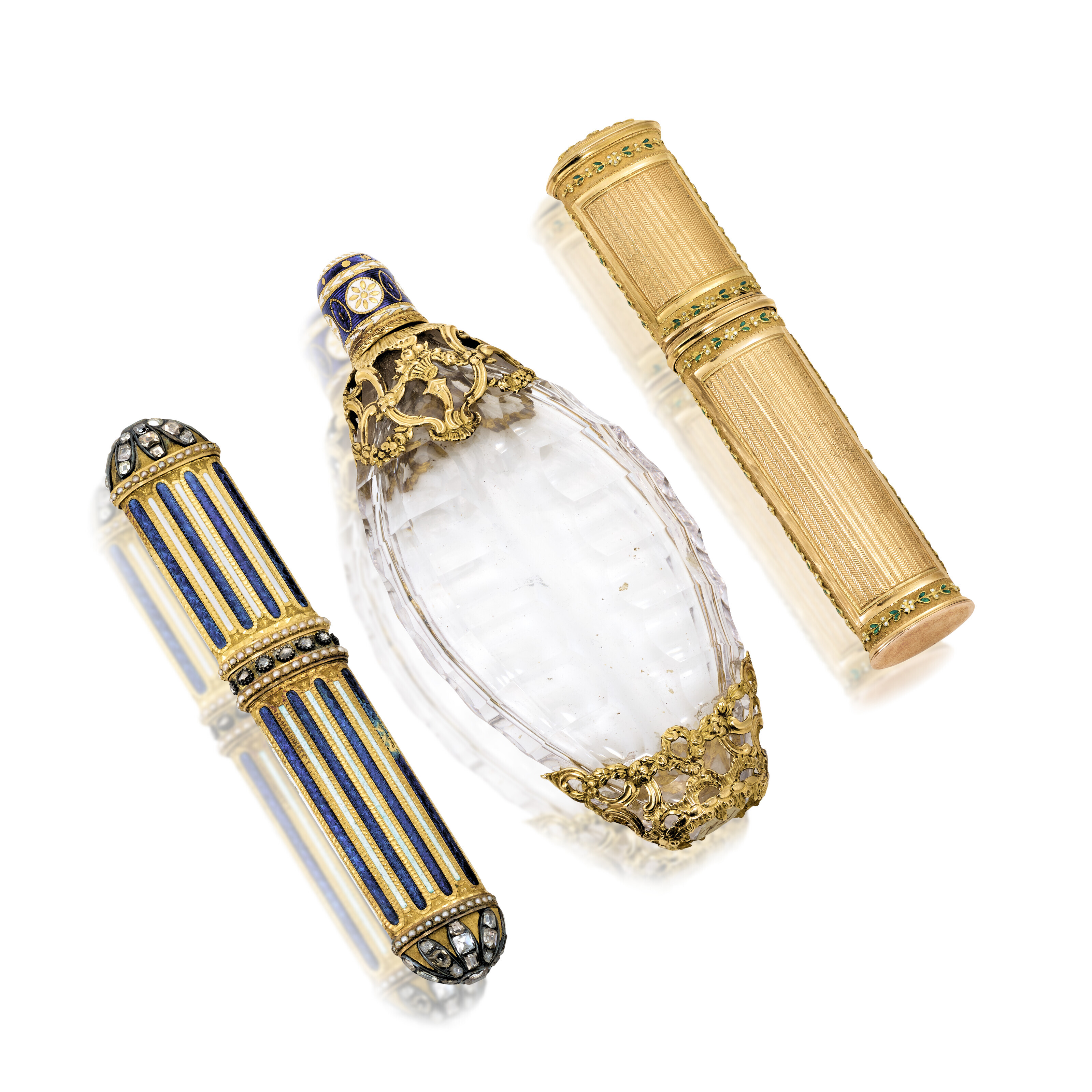 FLACON A PARFUM SUISSE EN OR, EMAIL ET VERRE ET DEUX ETUIS SUISSES EN ...