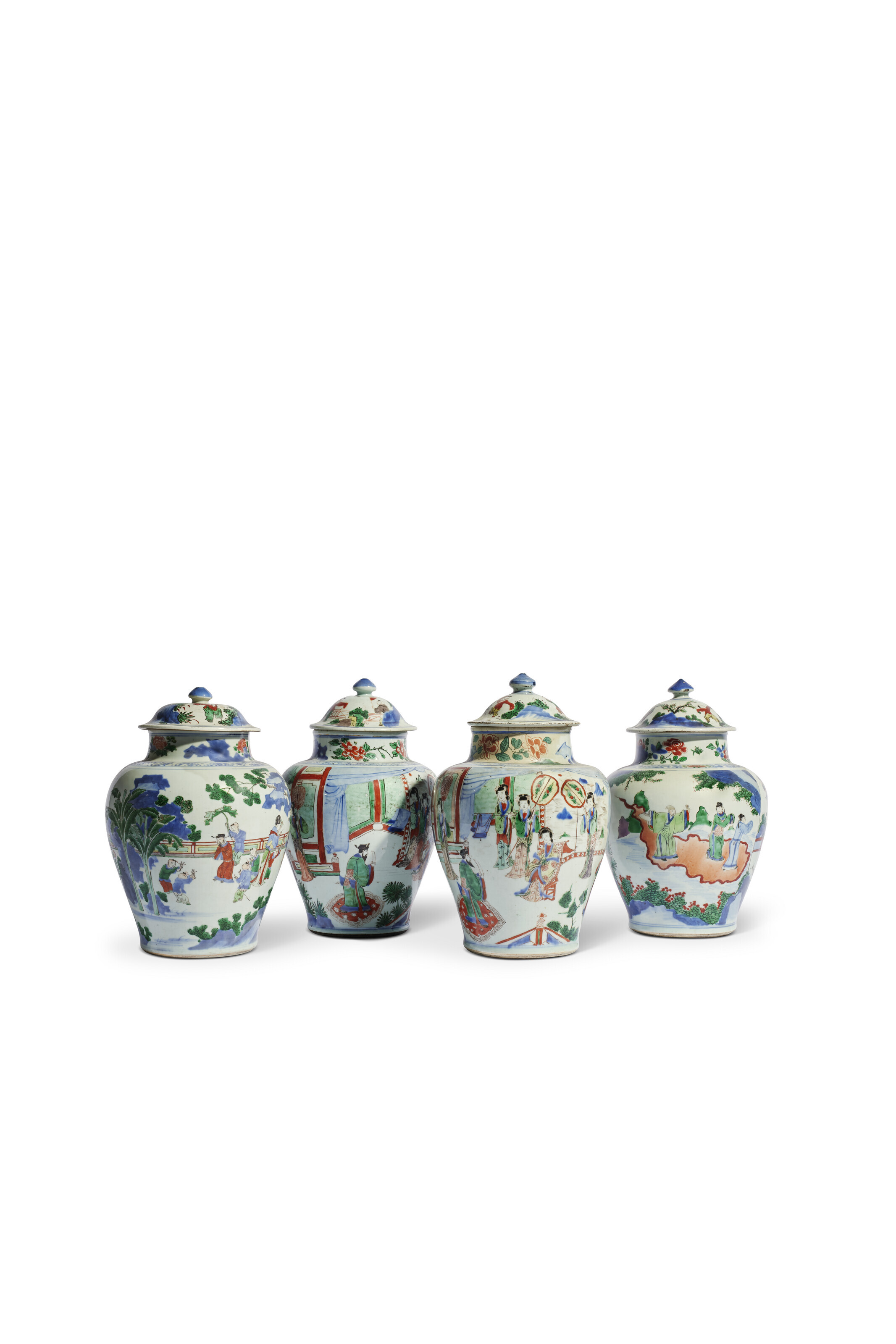 FOUR WUCAI 'FIGURAL' JARS AND COVERS, CHINA, 17TH CENTURY | Christie’s