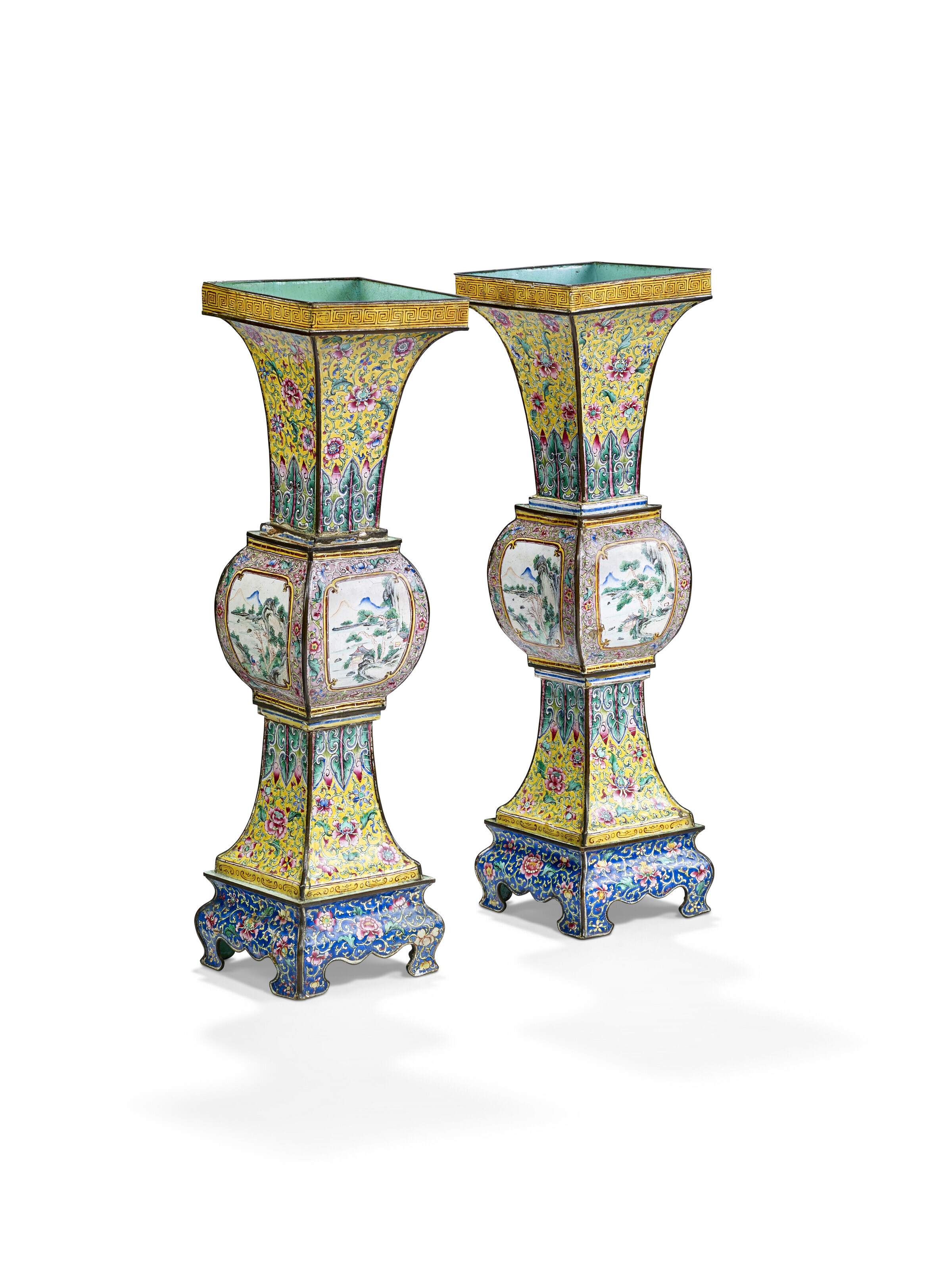 A PAIR OF PAINTED ENAMEL VASES, GU, CHINA, QING DYNASTY, 18TH CENTURY ...