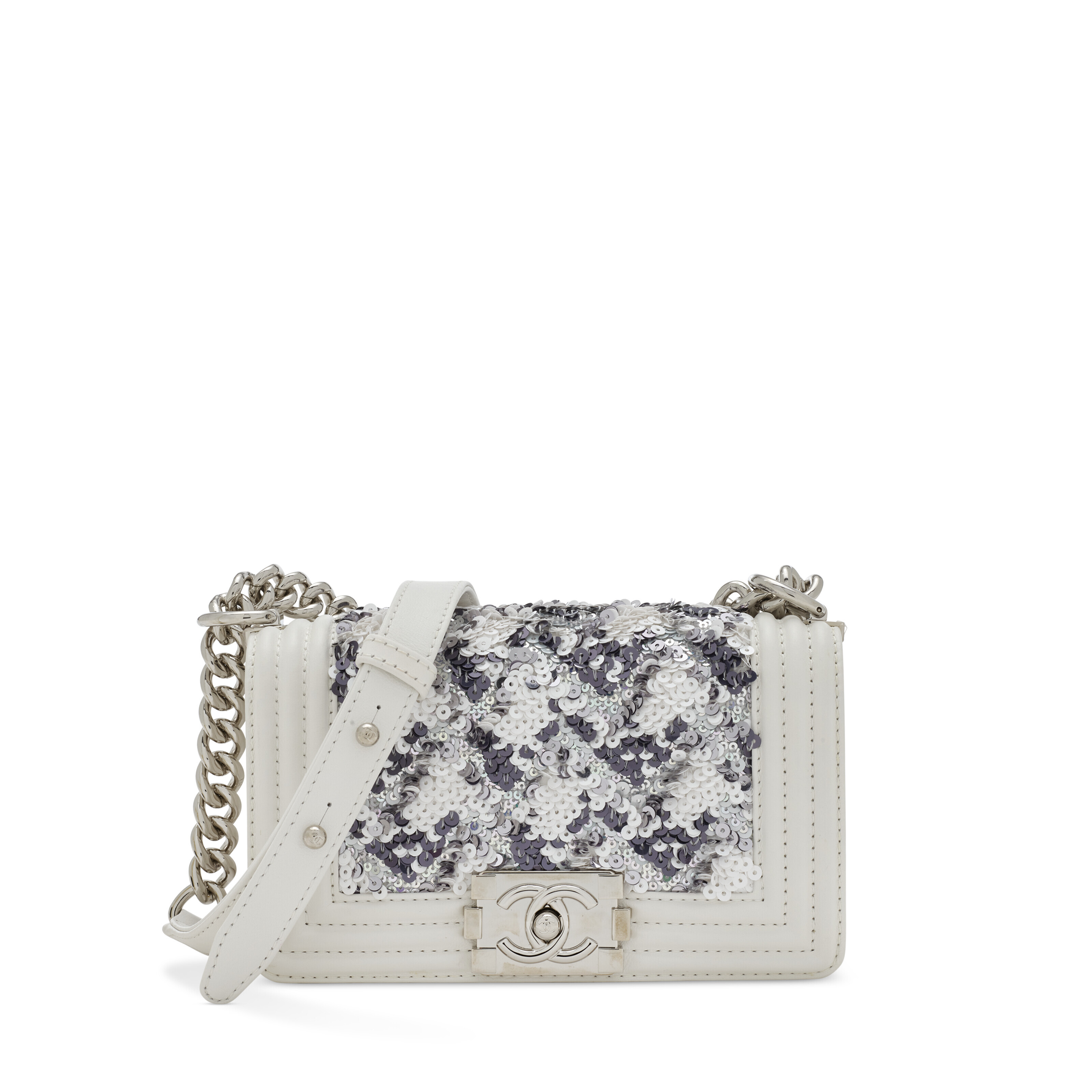 A WHITE LAMBSKIN LEATHER & SEQUINS SMALL BOY WITH SILVER HARDWARE ...