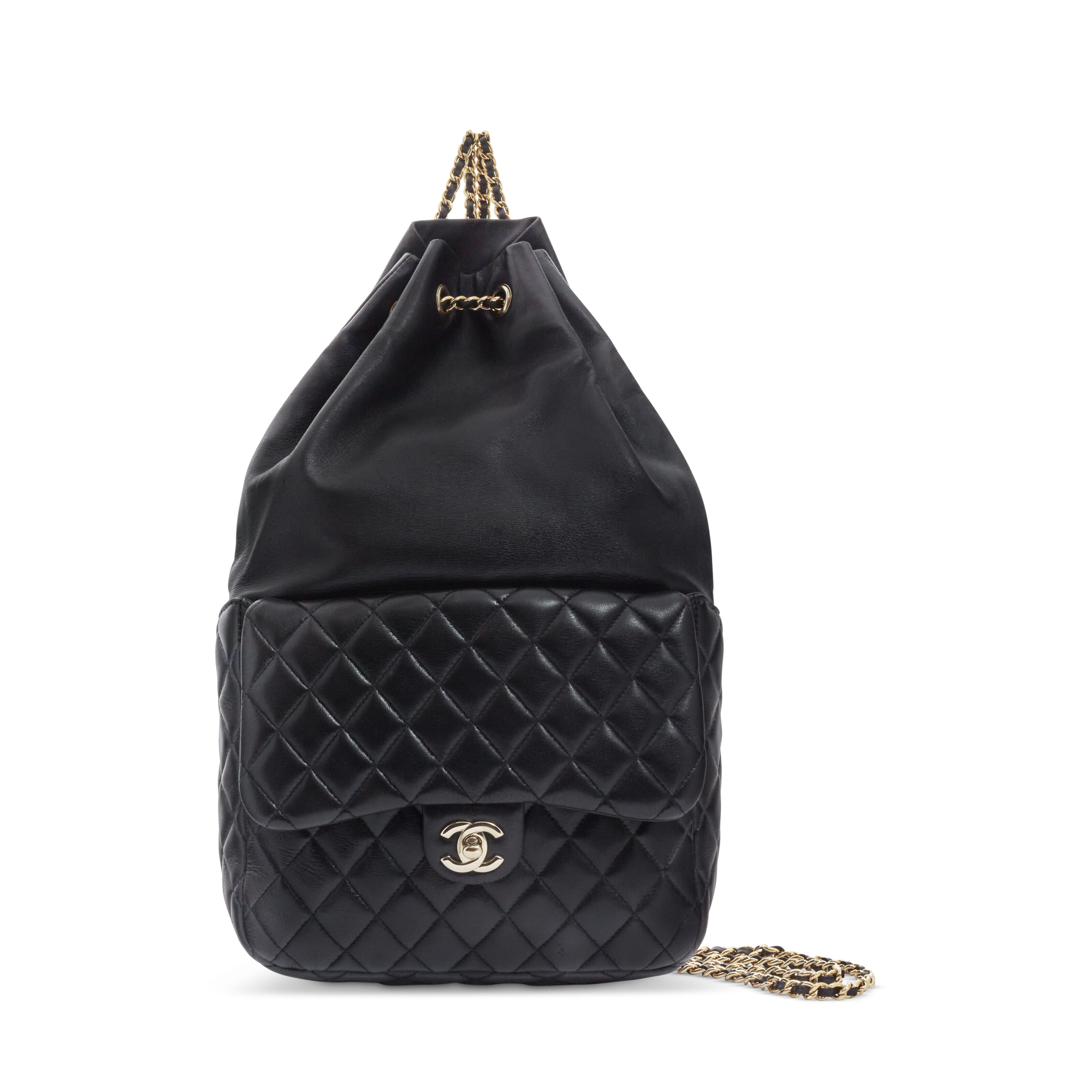 A BLACK LAMBSKIN FLAP BACKPACK WITH PALE GOLD HARDWARE, CHANEL, 2016 ...