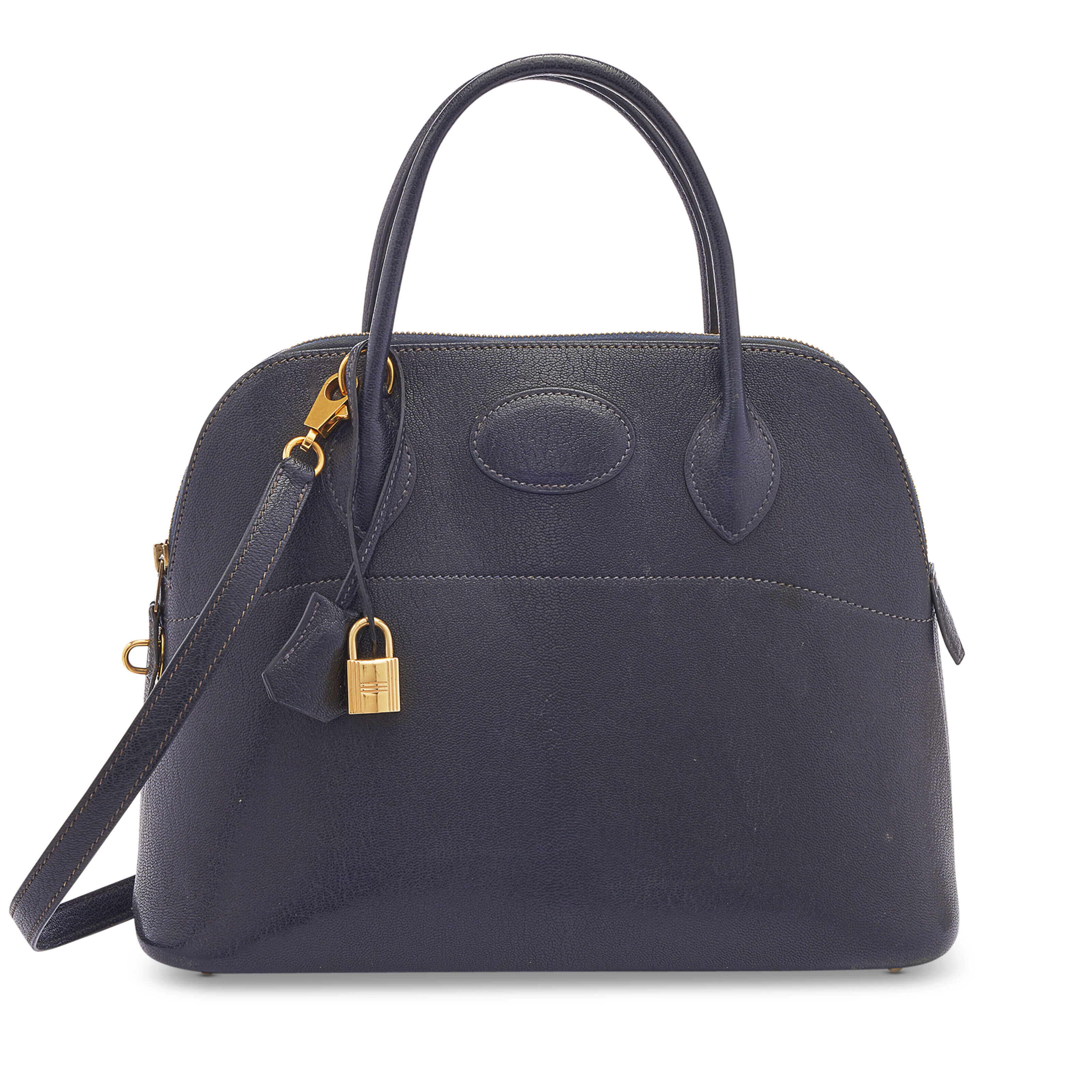 A BLEU MARINE CHÈVRE LEATHER BOLIDE 35 WITH GOLD HARDWARE, HERMÈS, 2000 ...