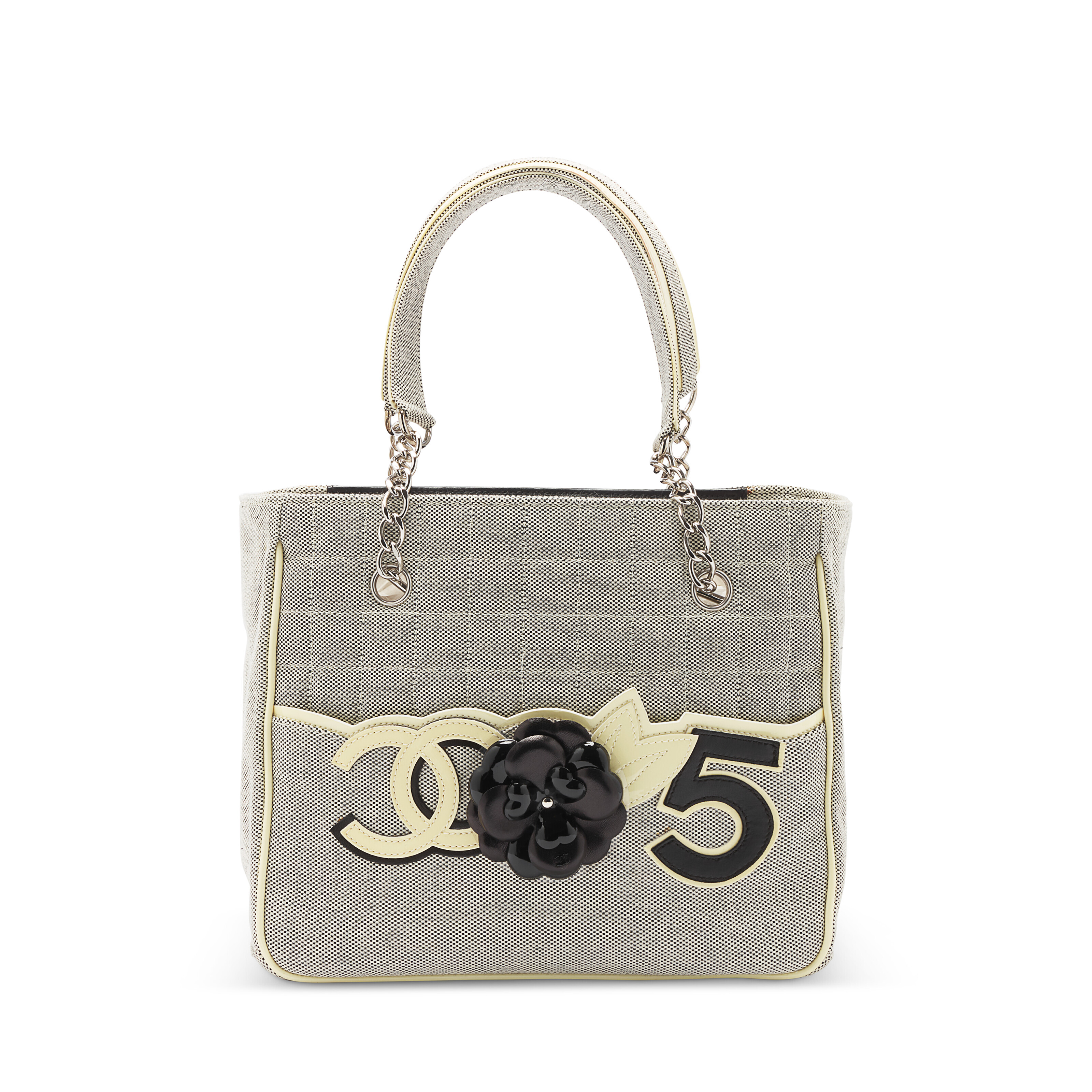 A GREY CANVAS & CREAM LEATHER N°5 CAMÉLIA PETIT SHOPPING TOTE WITH ...