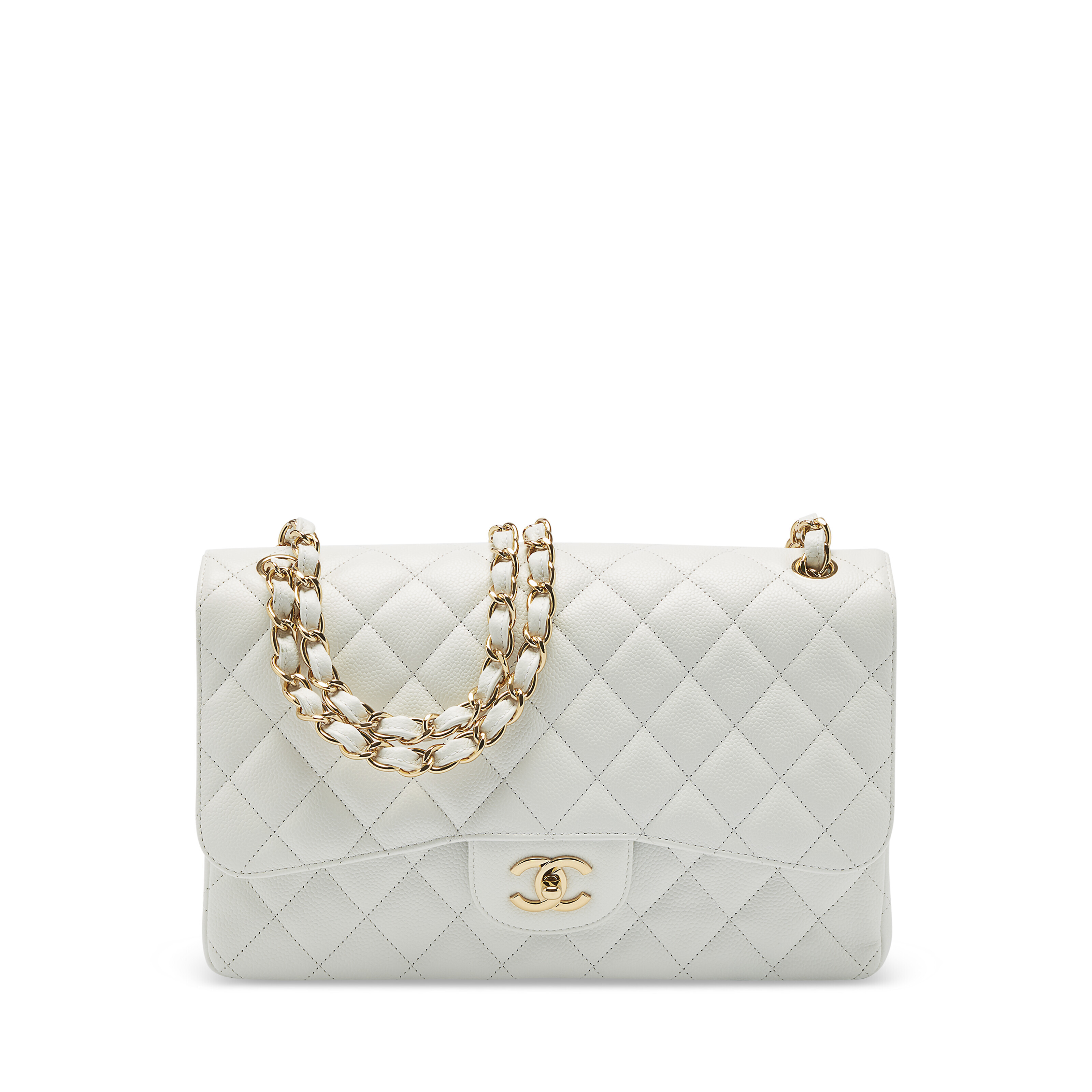 A WHITE CAVIAR LEATHER JUMBO DOUBLE FLAP WITH GOLD HARDWARE, CHANEL ...