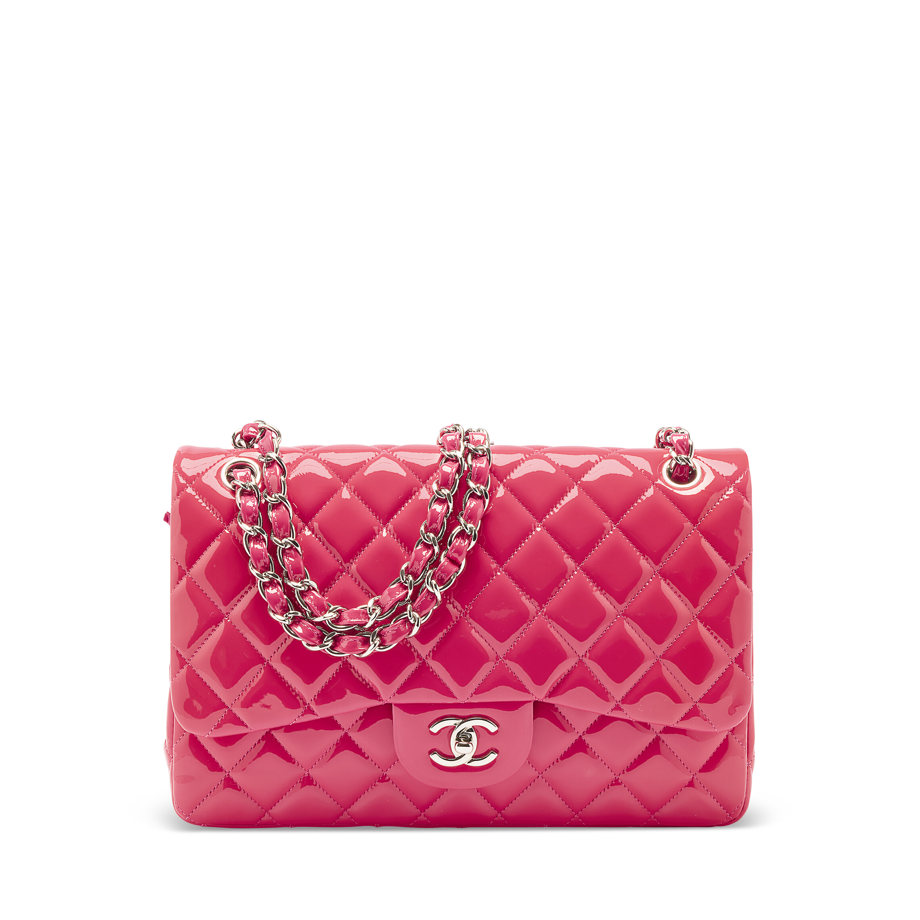 A PINK PATENT LEATHER JUMBO DOUBLE FLAP BAG WITH SILVER HARDWARE ...