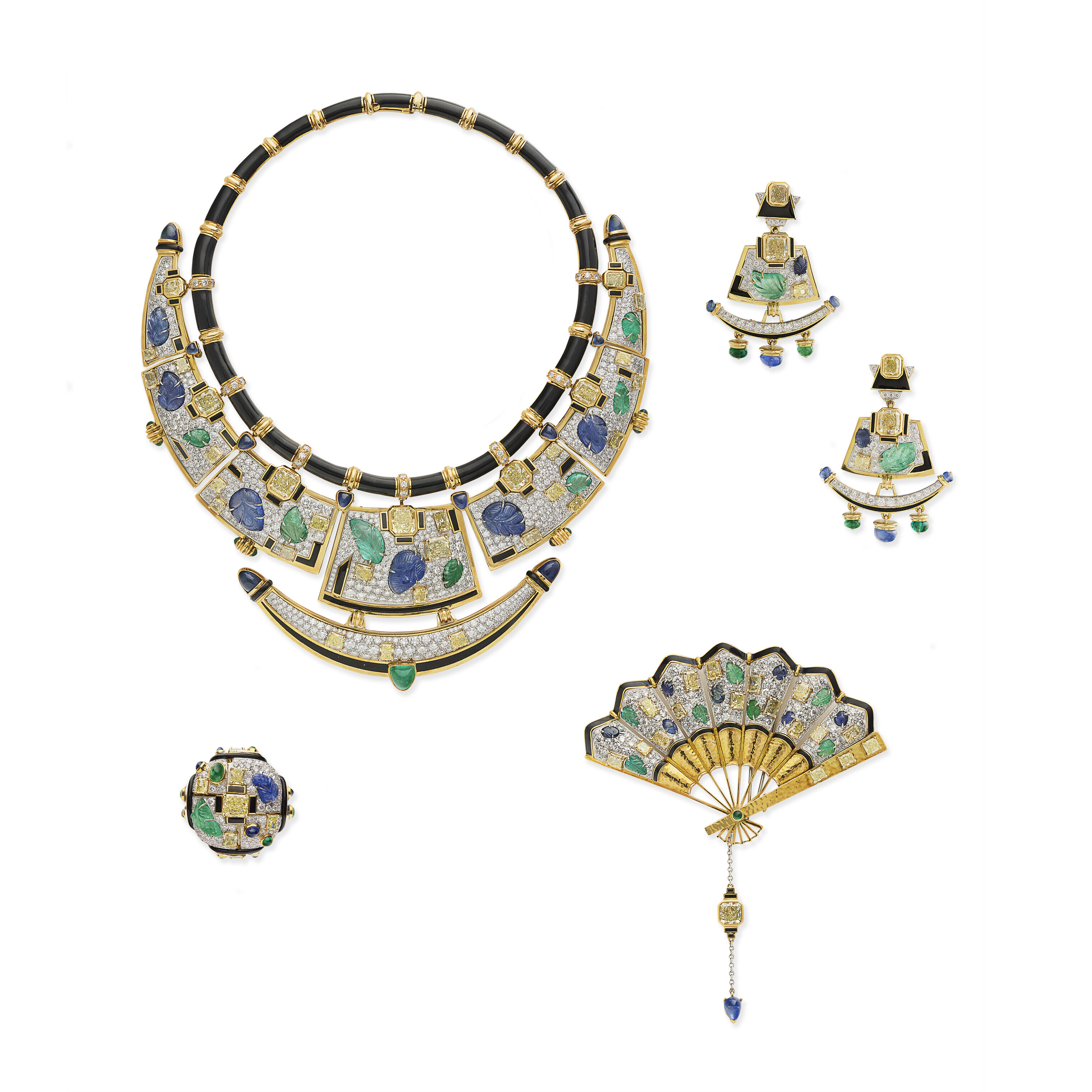 DAVID WEBB PARURE COLLIER, BROCHE, BAGUE ET BOUCLES D'OREILLES SAPHIRS ...