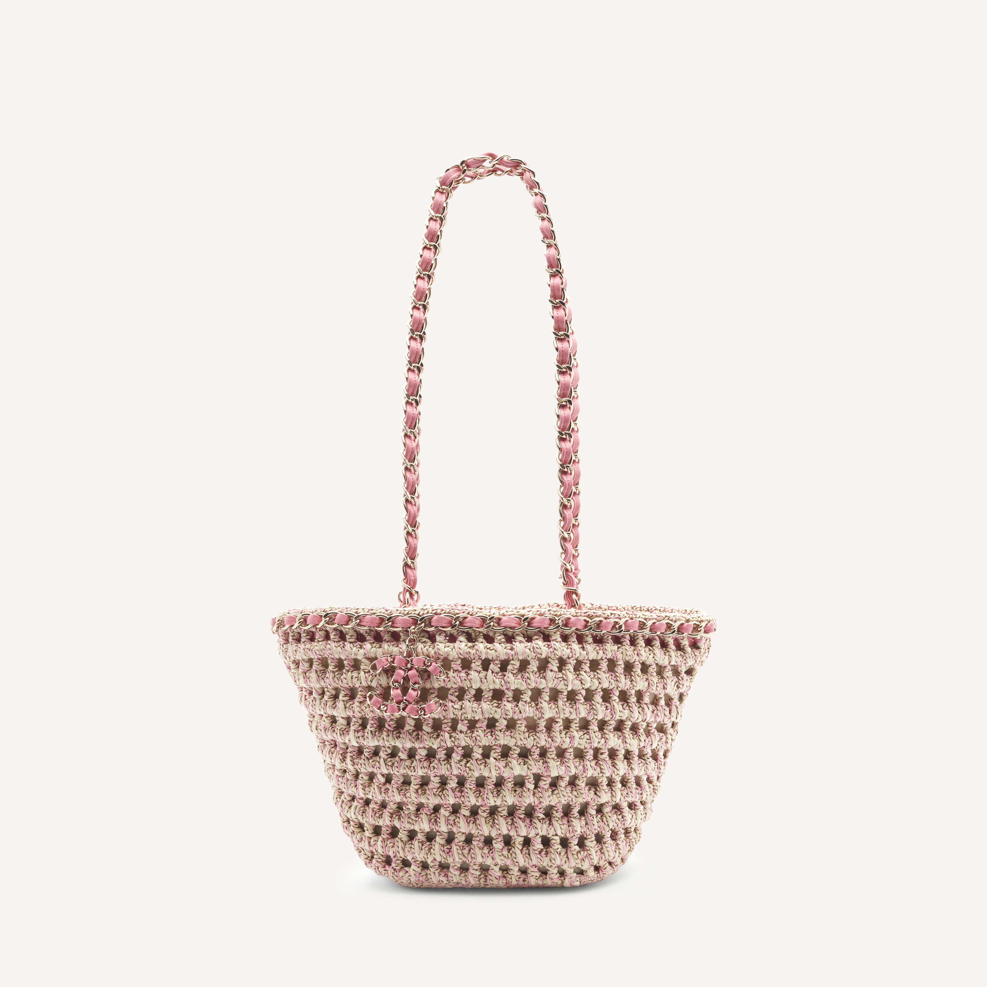 A PINK CALFSKIN LEATHER & CROCHET RAFFIA BASKET WITH LIGHT GOLD ...