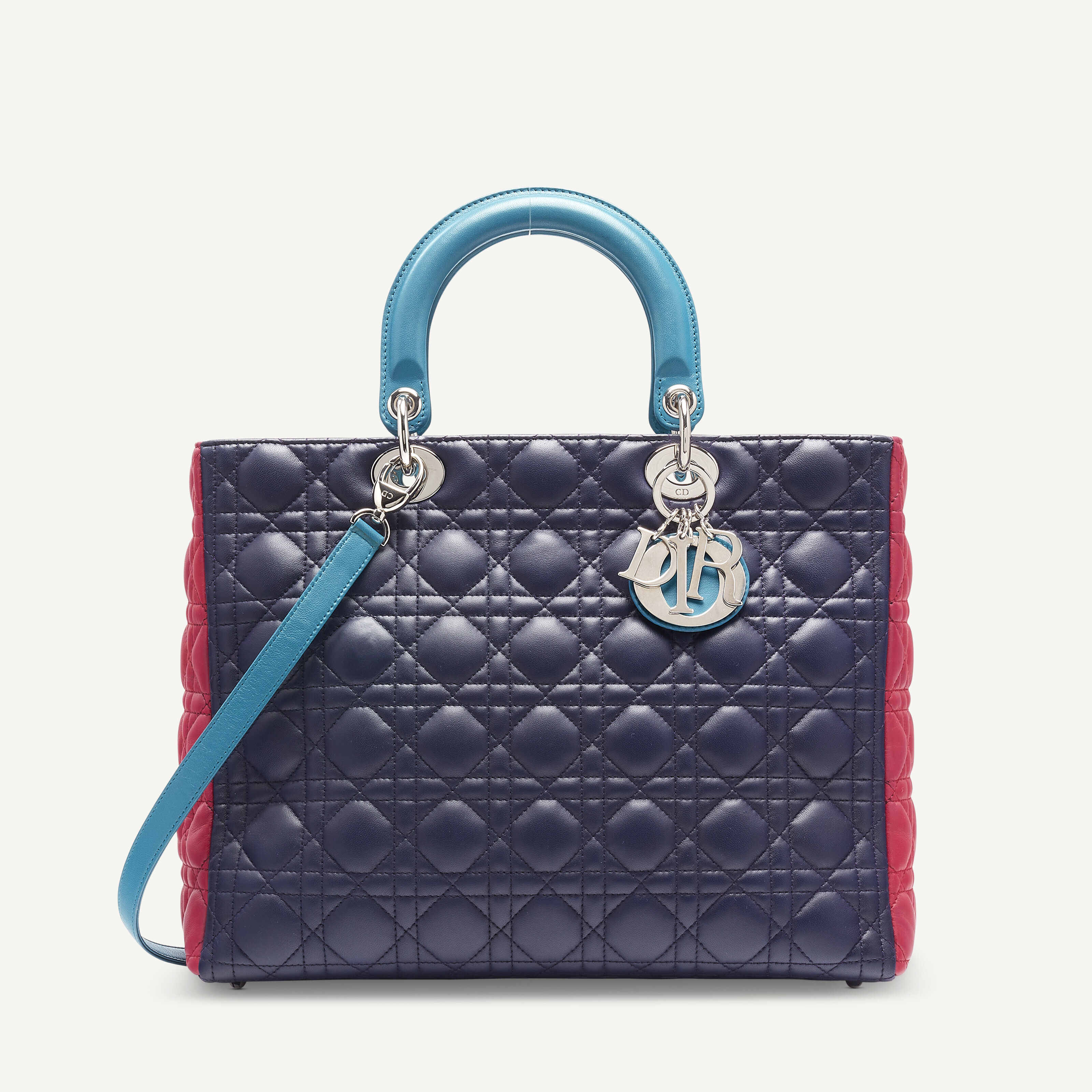 A NAVY BLUE, PINK & TURQUOISE CANNAGE LAMBSKIN LEATHER LARGE LADY DIOR ...