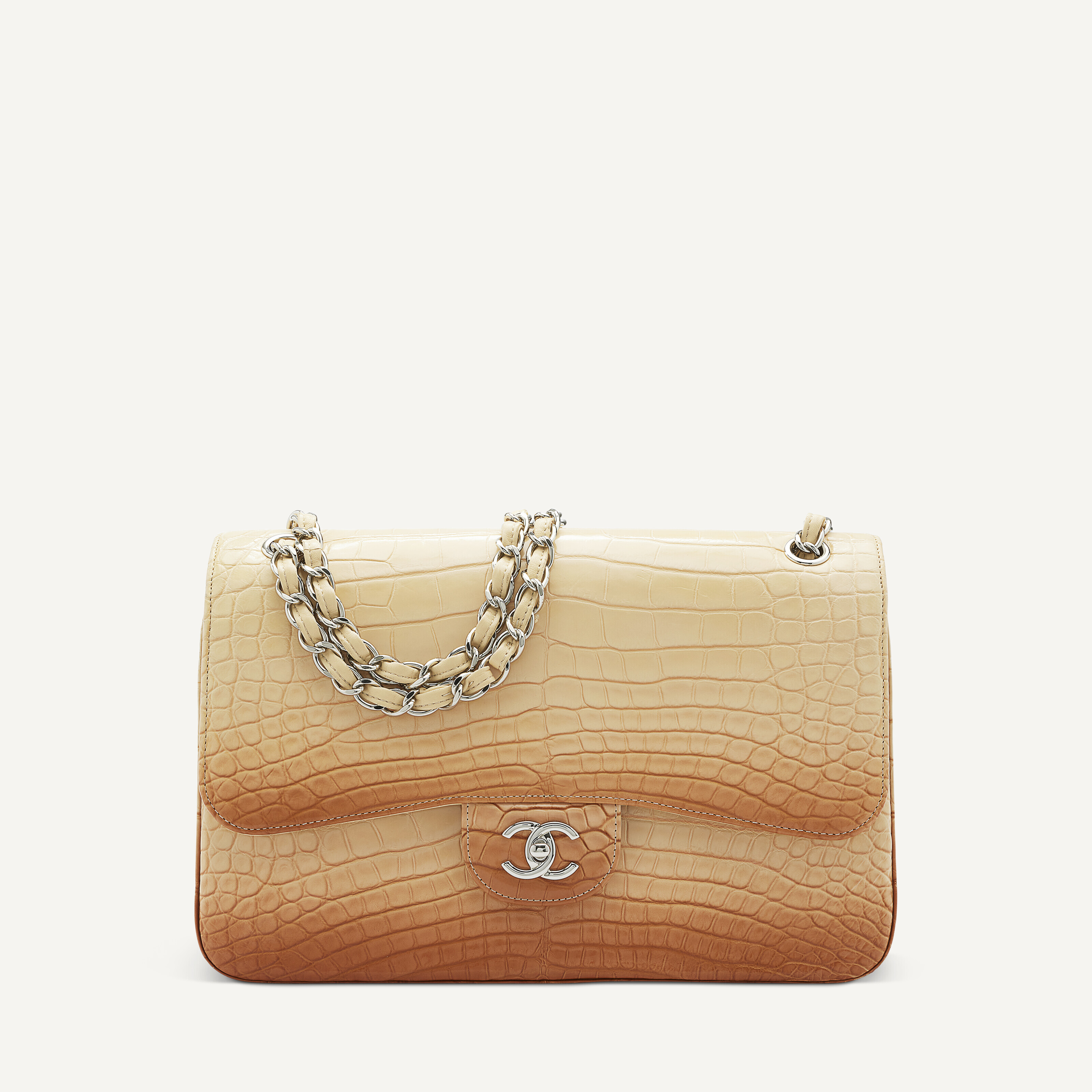 A SHINY GRADIENT BEIGE ALLIGATOR JUMBO DOUBLE FLAP BAG WITH SILVER ...