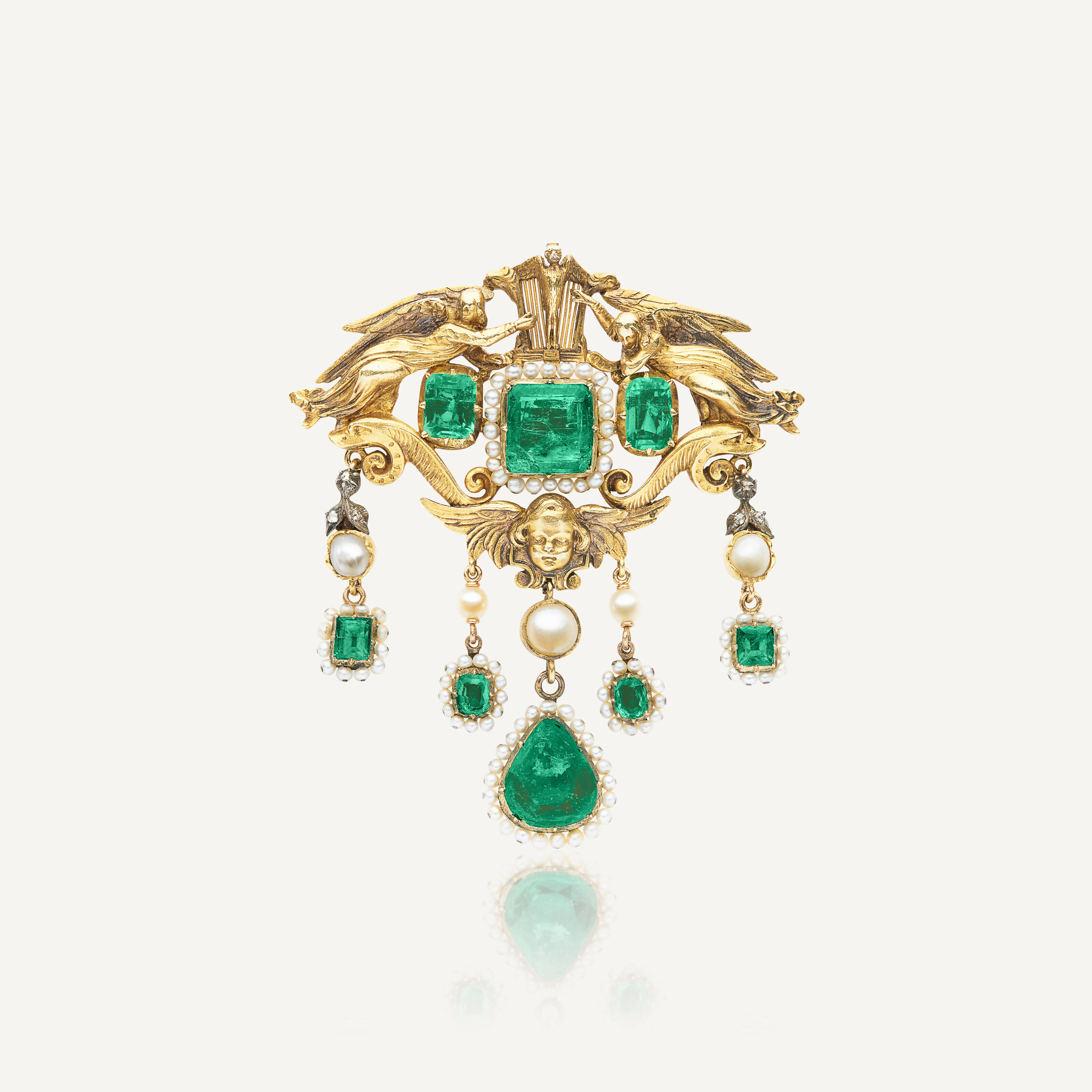 FROMENT-MEURICE BROCHE NÉO-RENAISSANCE ÉMERAUDES, PERLES FINES ET ...