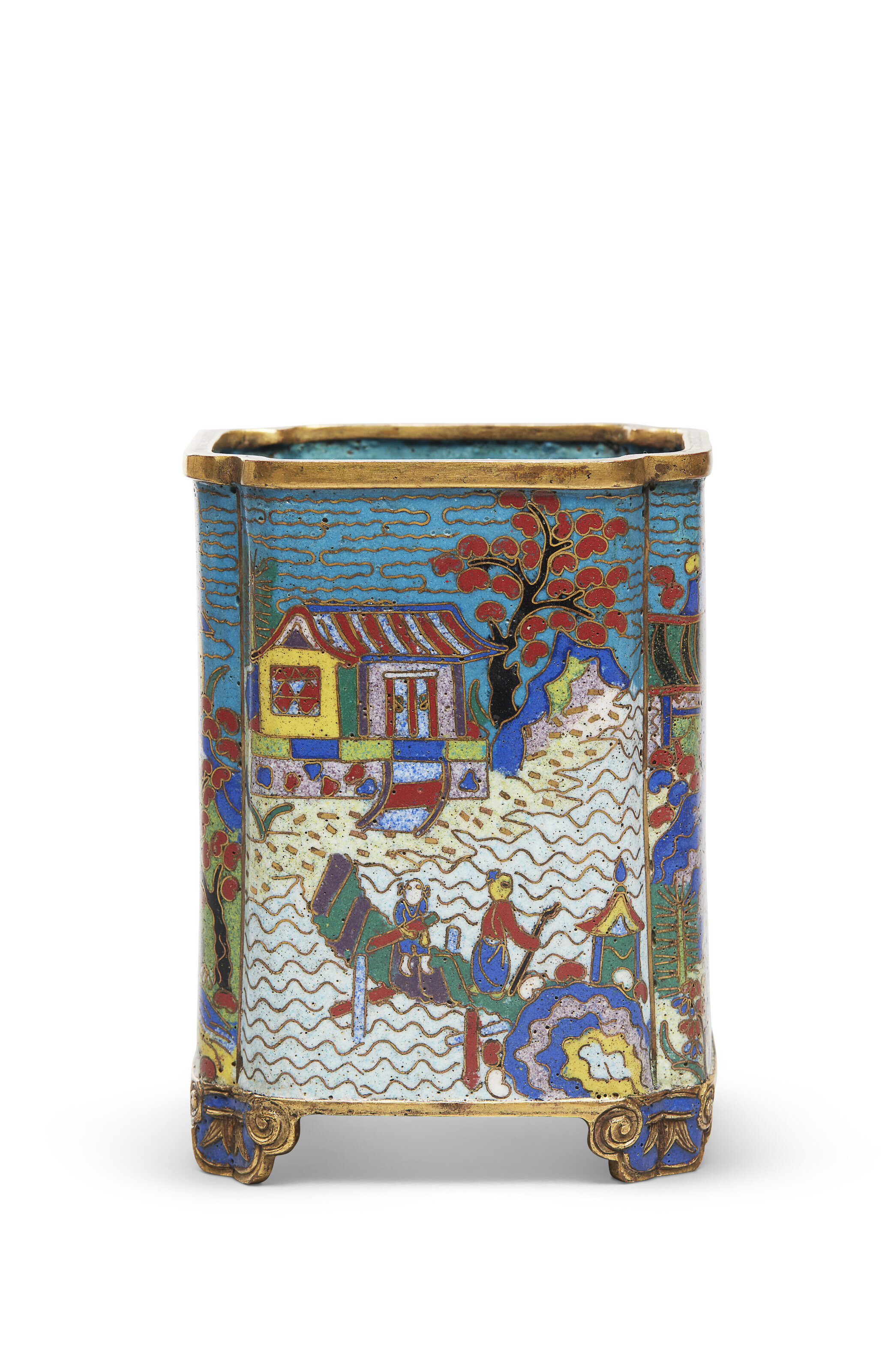 AN UNUSUAL SMALL CLOISONNÉ ENAMEL SQUARE BRUSHPOT, BITONG, CHINA, QING ...