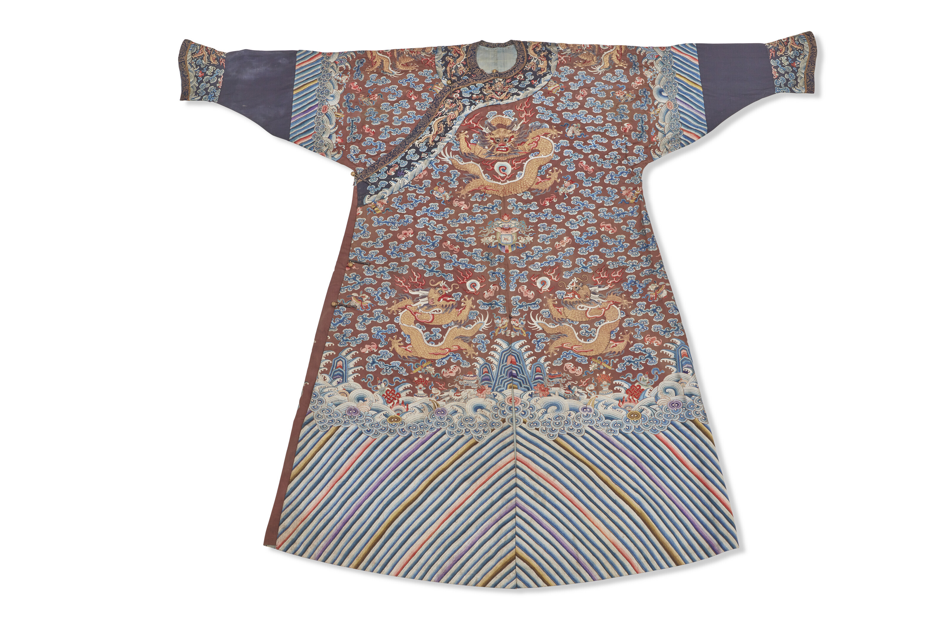 AN EMBROIDERED BROWN-GROUND SILK 'DRAGON' ROBE, CHINA, QING DYNASTY ...