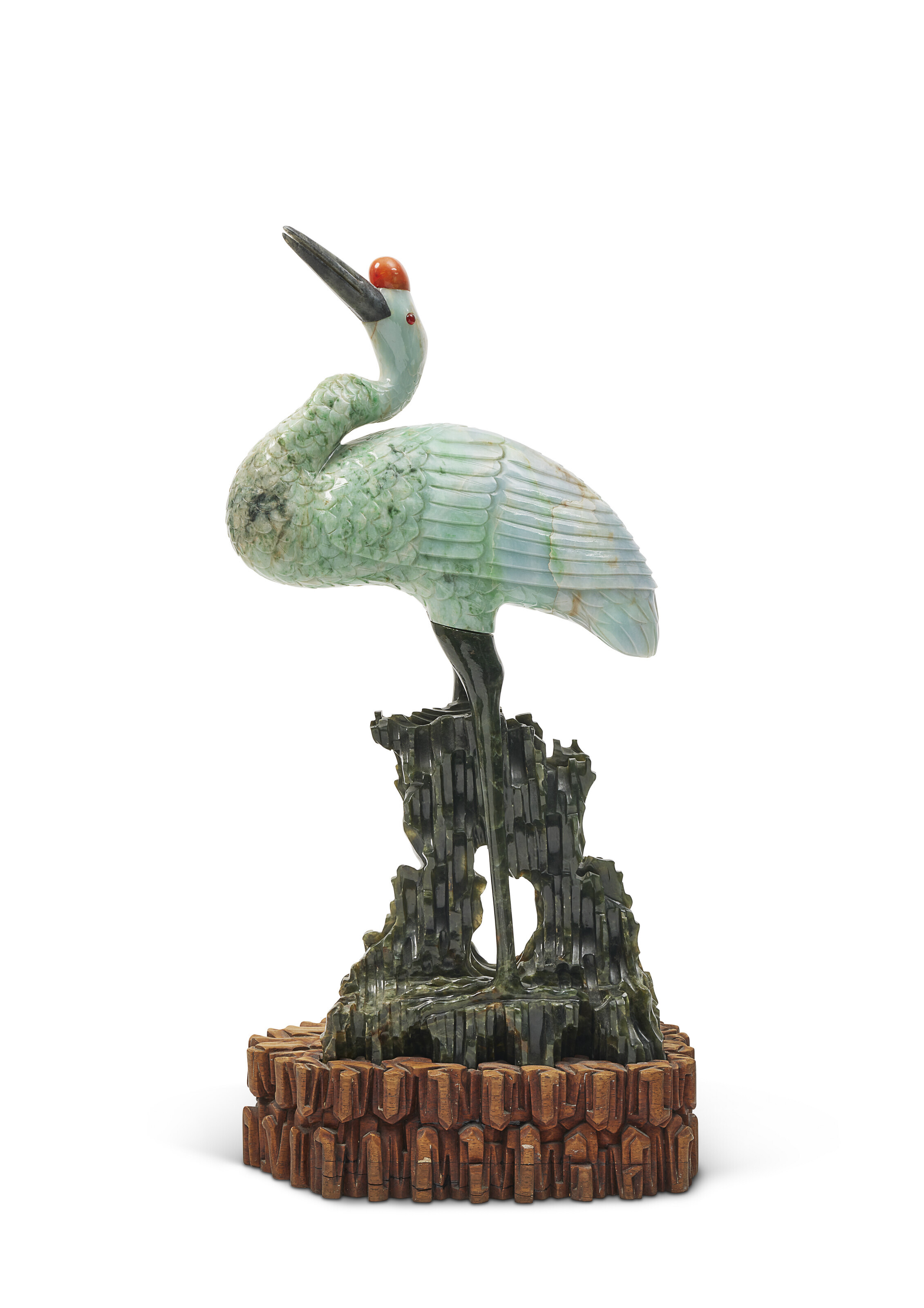A LARGE JADEITE AND SPINACH-GREEN JADE STANDING CRANE, CHINA, 20TH ...