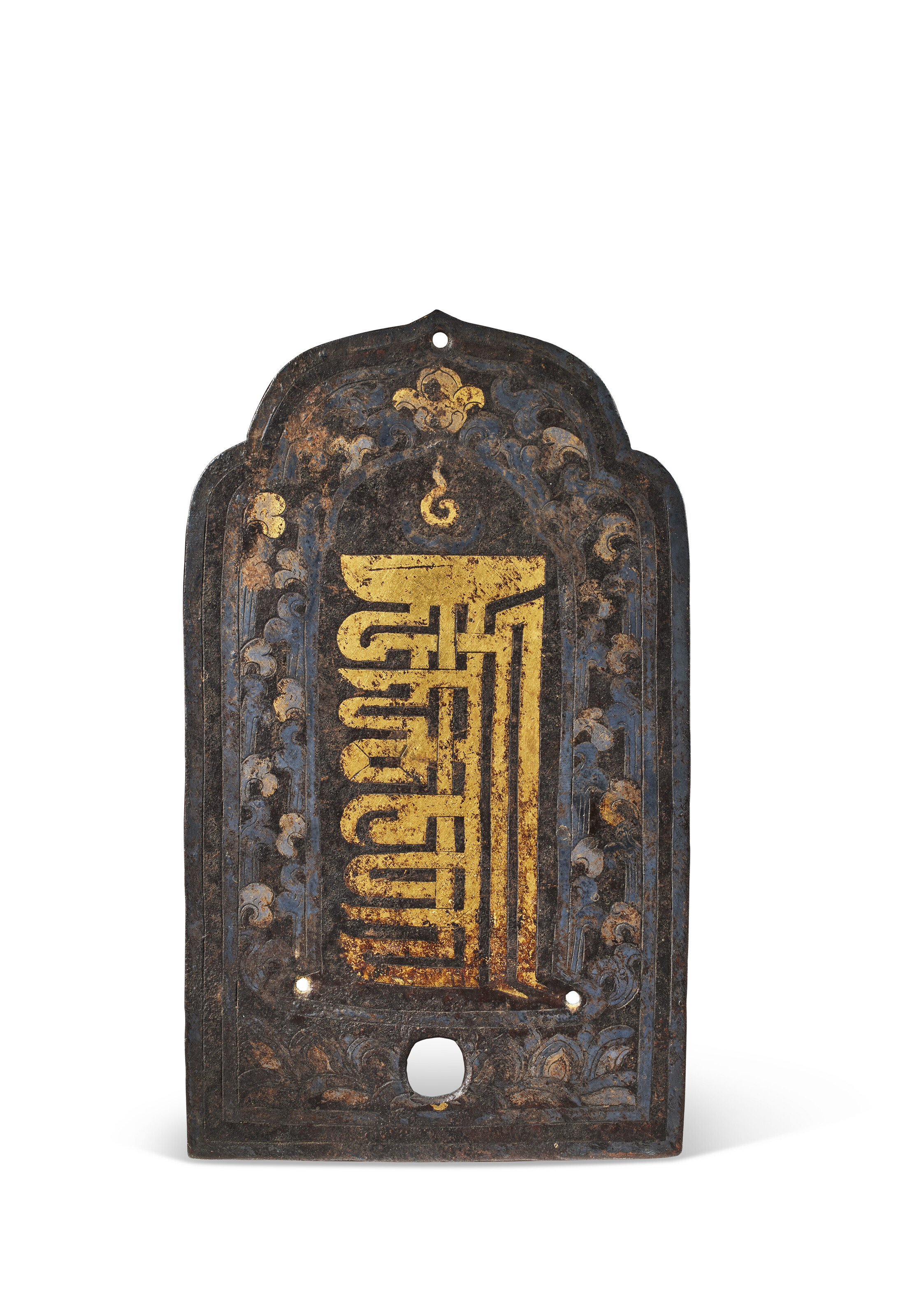 A GILT AND SILVER-DAMASCENED IRON PLAQUE OF THE KALACHAKRA MANTRA ...