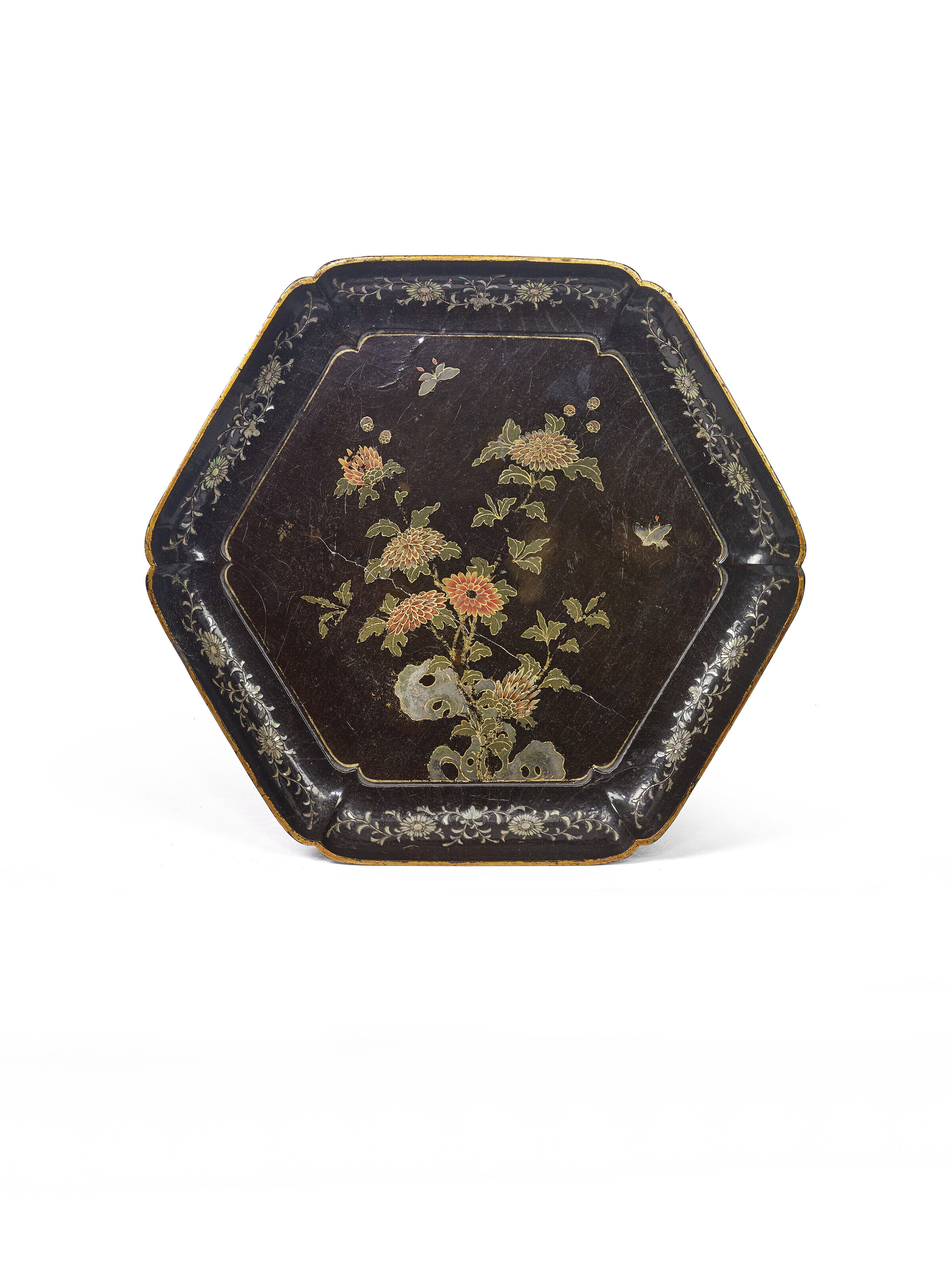 A MOTHER-OF-PEARL INLAID LACQUER HEXAGONAL DISH, JAPAN, RYUKYU ISLANDS ...