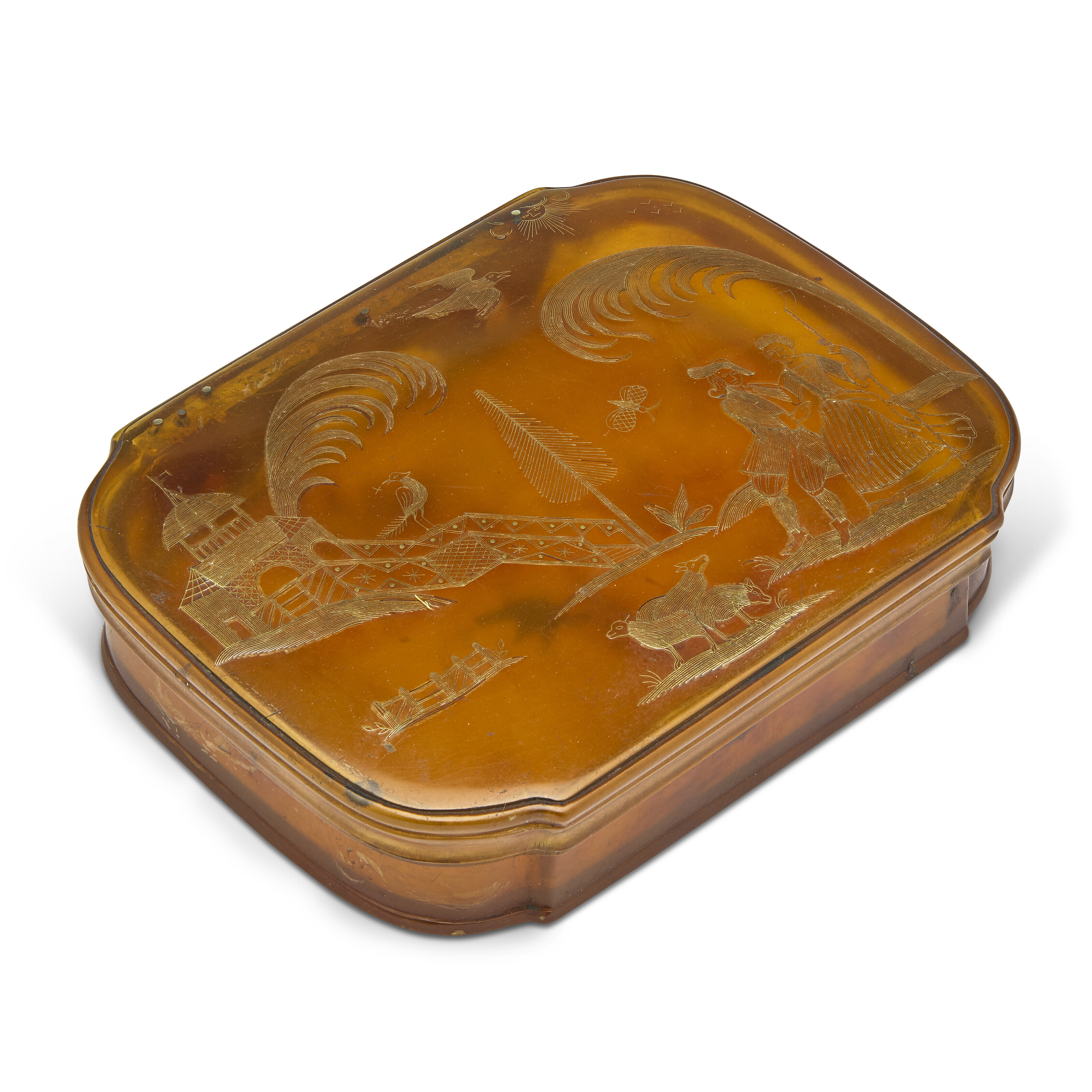 TABATIÈRE EN ÉCAILLE DE TORTUE BLONDE PIQUÉE POSÉE D'OR, HOLLANDE OU ...