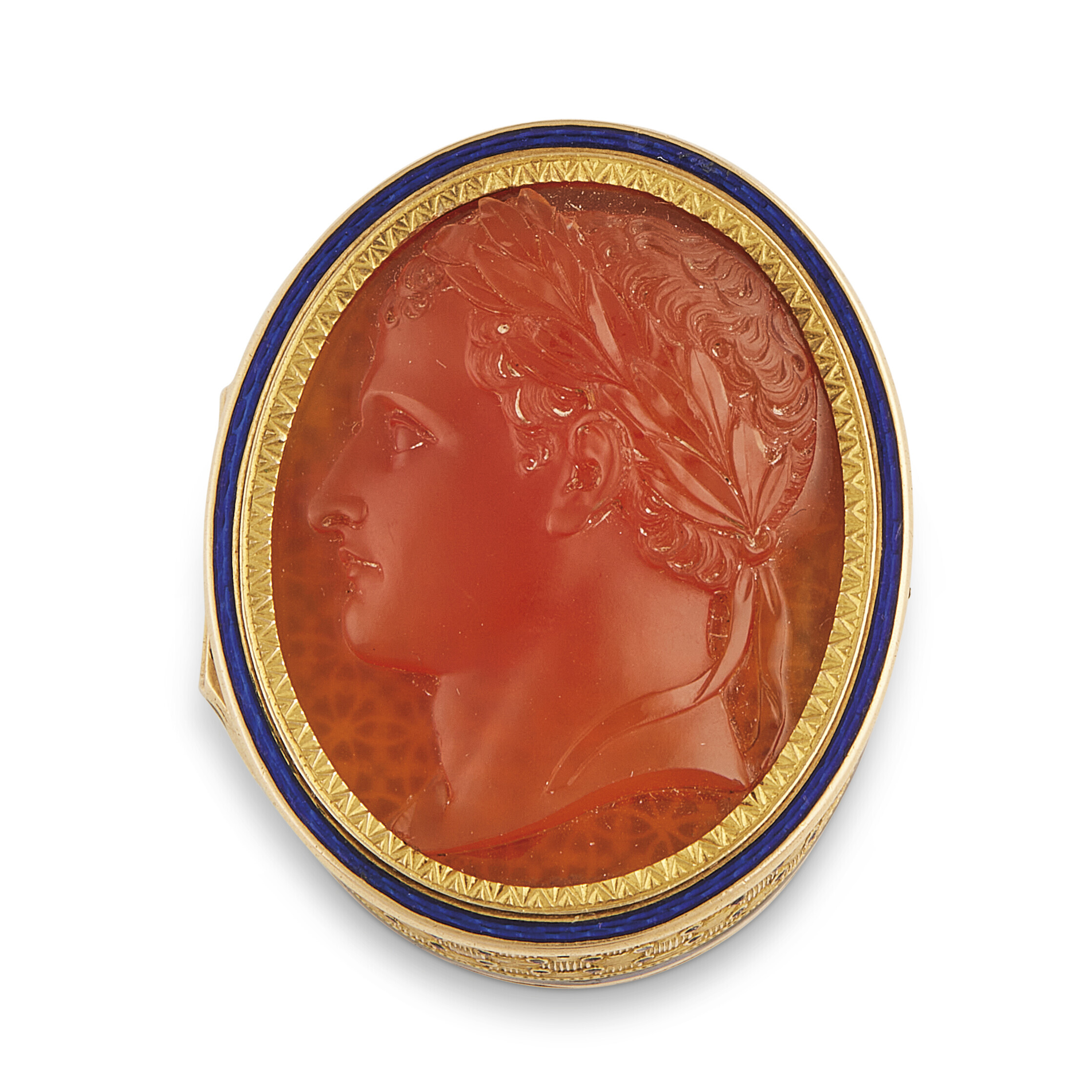 VINAIGRETTE IMPÉRIALE EN OR ET ÉMAIL, SERTIE D'UN CAMÉE AU PROFIL DE NAPOLÉON, PROBABLEMENT PAR ...