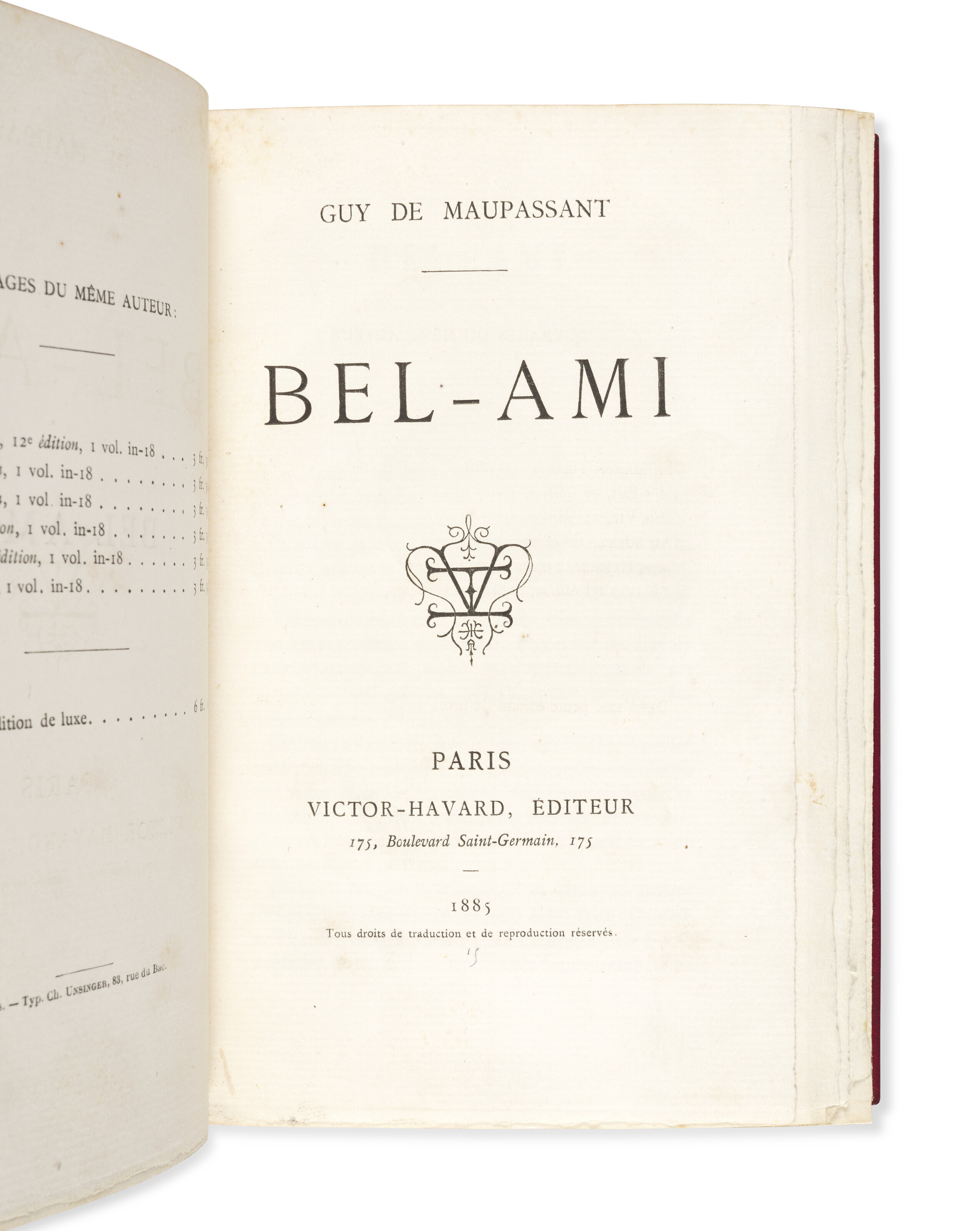 MAUPASSANT, Guy de (1850-1893), Bel-Ami. paris : Victor-Havard, 1885 ...