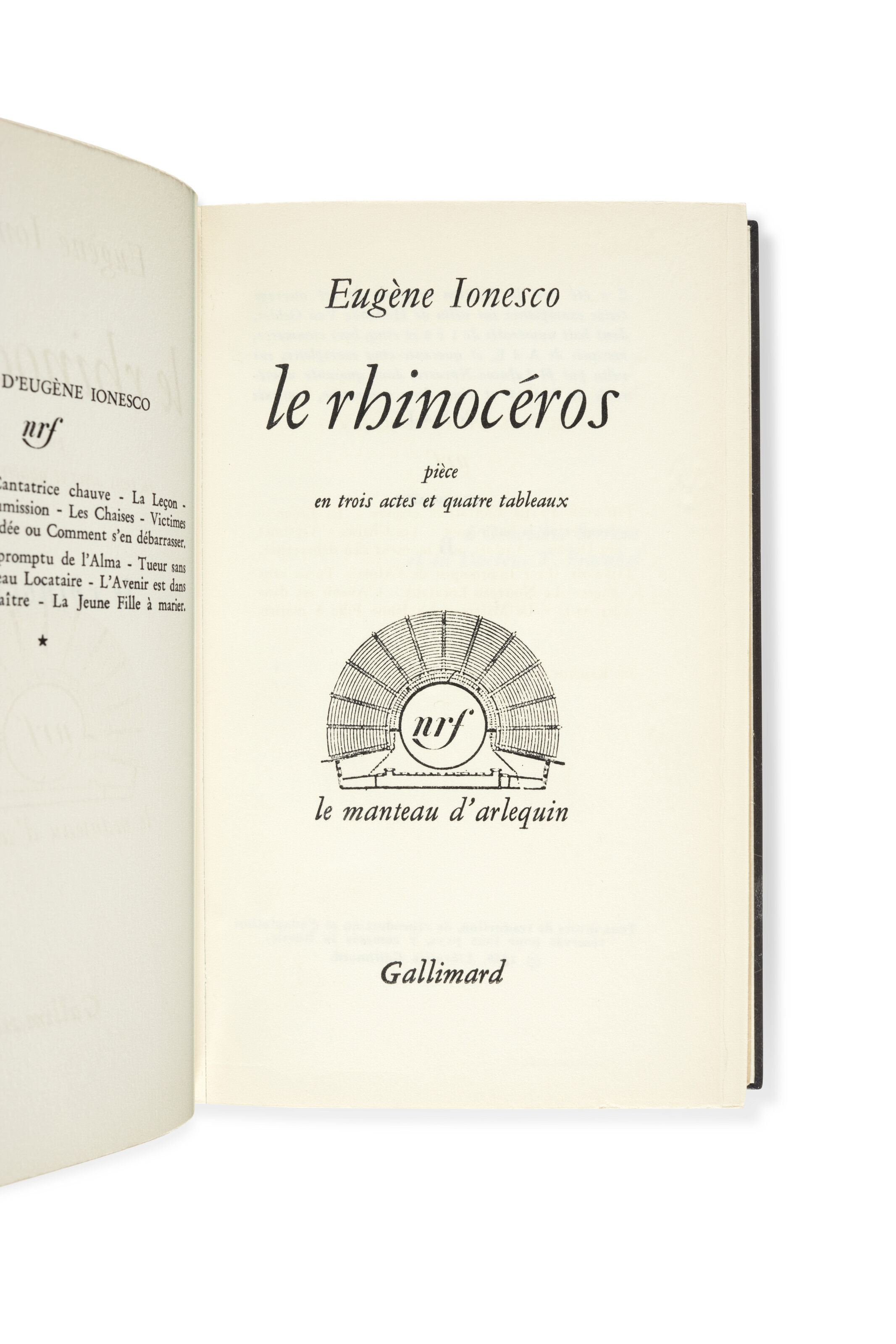 IONESCO, Eugène (1909-1994), Le Rhinocéros. Paris : Gallimard-NRF, 1959 ...