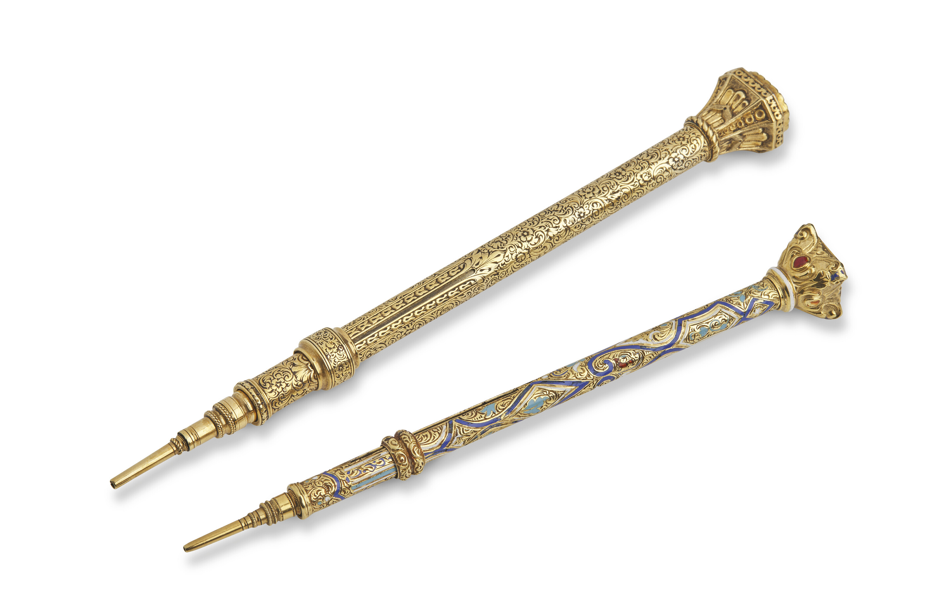 DEUX PORTE-MINES EN OR, ÉMAIL ET PIERRES PRÉCIEUSES D'ÉPOQUE ...