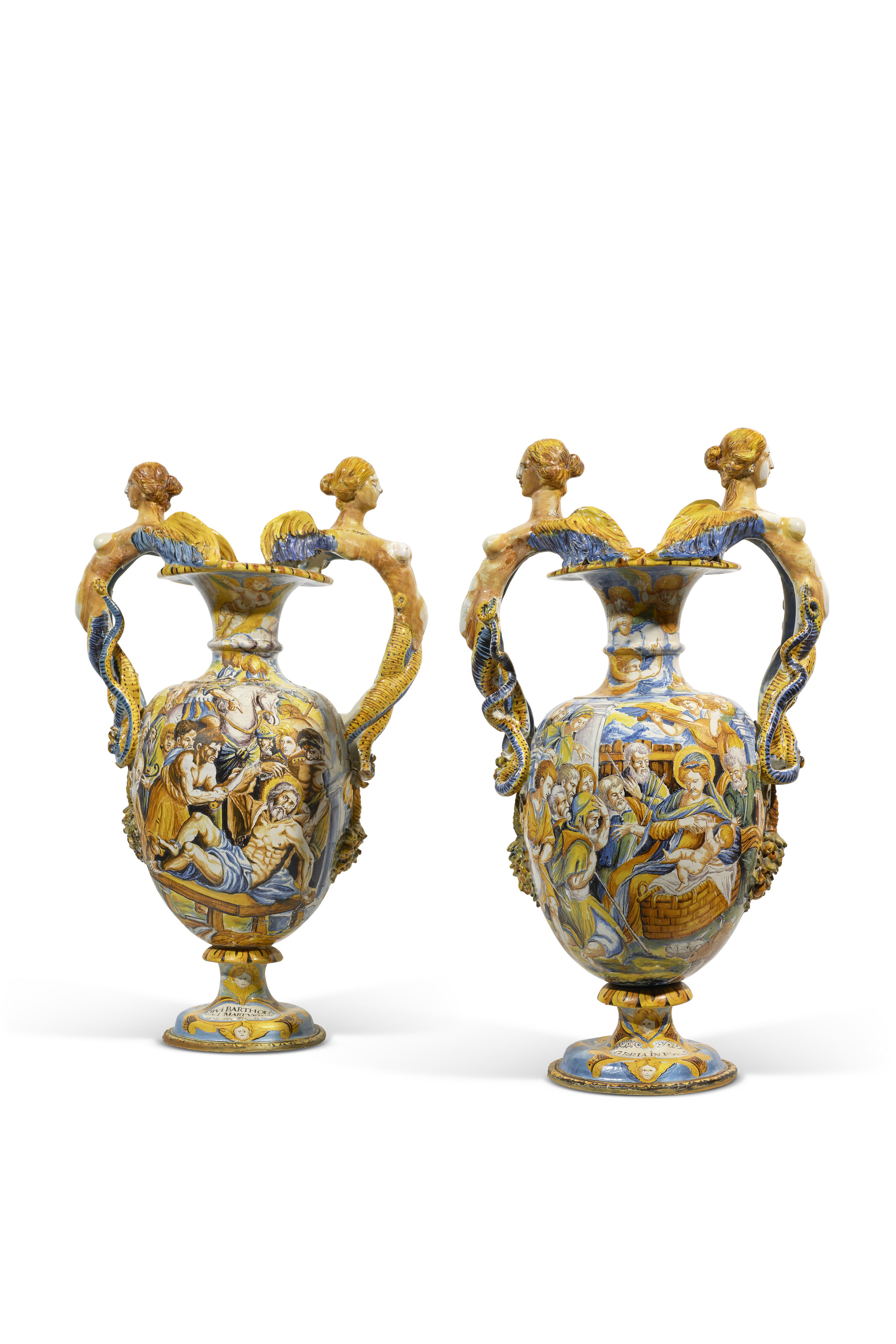 A PAIR OF URBANIA MAIOLICA TWO-HANDLED OVIFORM VASES, CIRCA 1670 ...