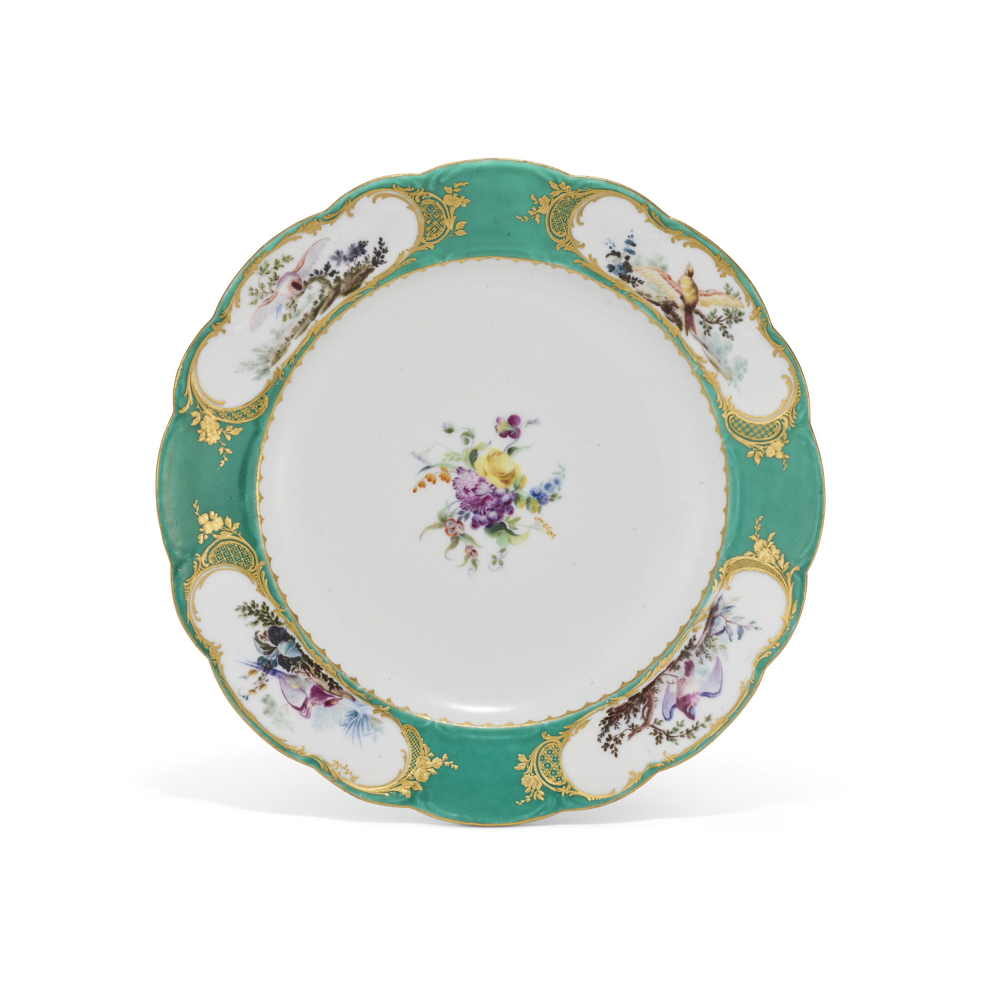 A SEVRES PORCELAIN GREEN-GROUND PLATE (ASSIETTE A PALMES), CIRCA 1757 ...