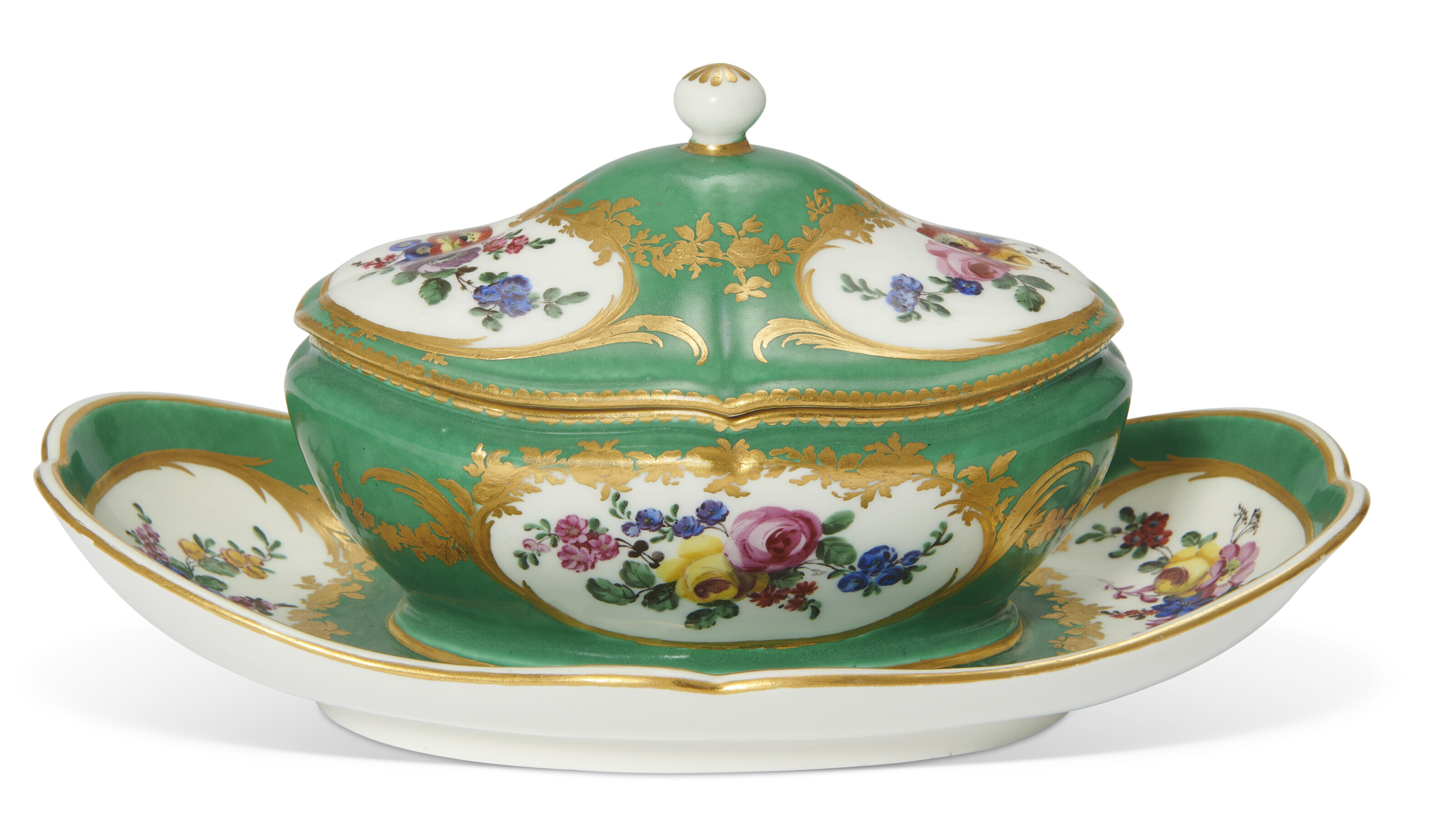 A SEVRES PORCELAIN GREEN-GROUND OVAL SUGAR-BOWL, COVER AND FIXED STAND ...