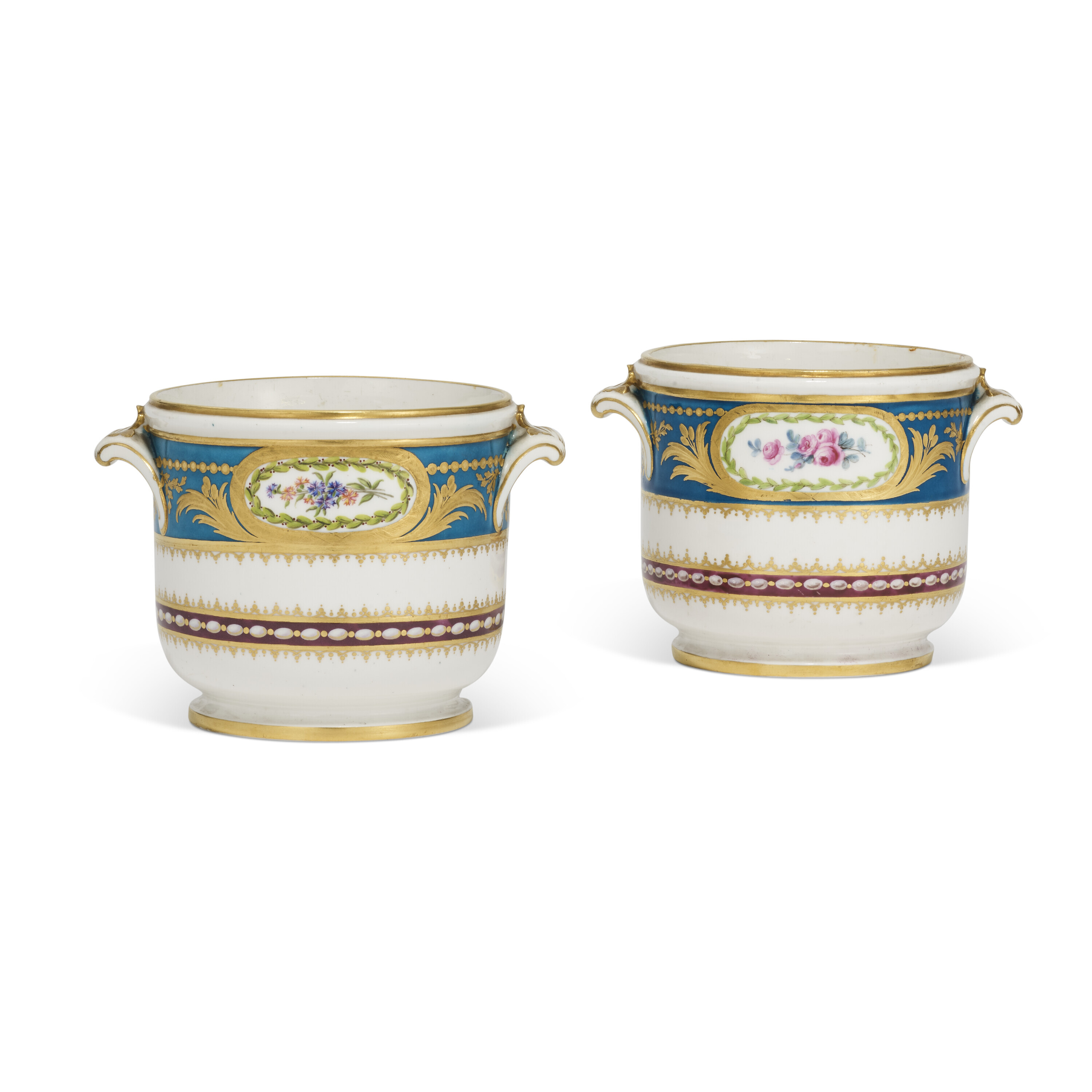 TWO SEVRES PORCELAIN BLEU CELESTE-GROUND GLASS COOLERS FROM THE SERVICE ...