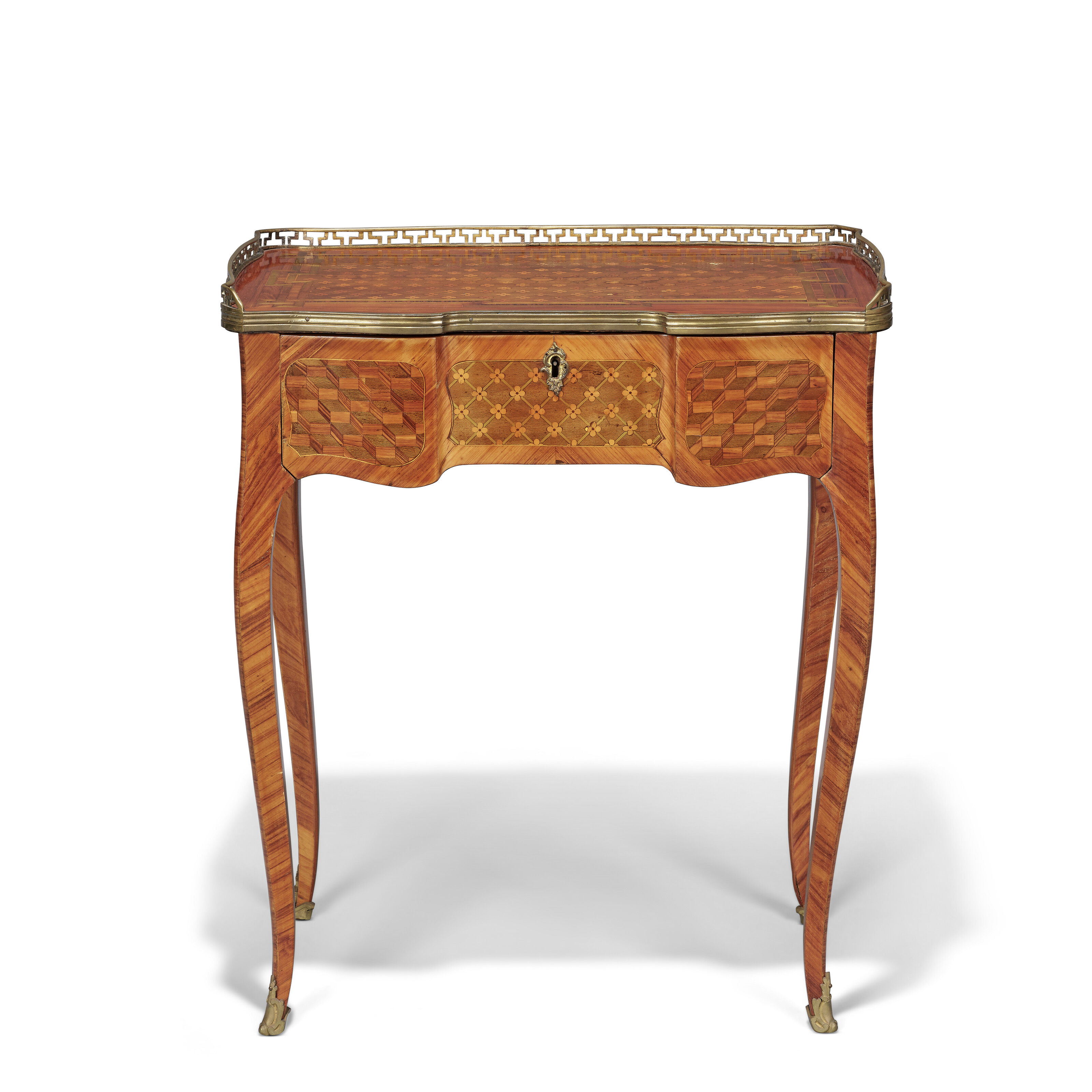 A LOUIS XV ORMOLU-MOUNTED TULIPWOOD, LACEWOOD, SYCAMORE, GREEN-STAINED ...