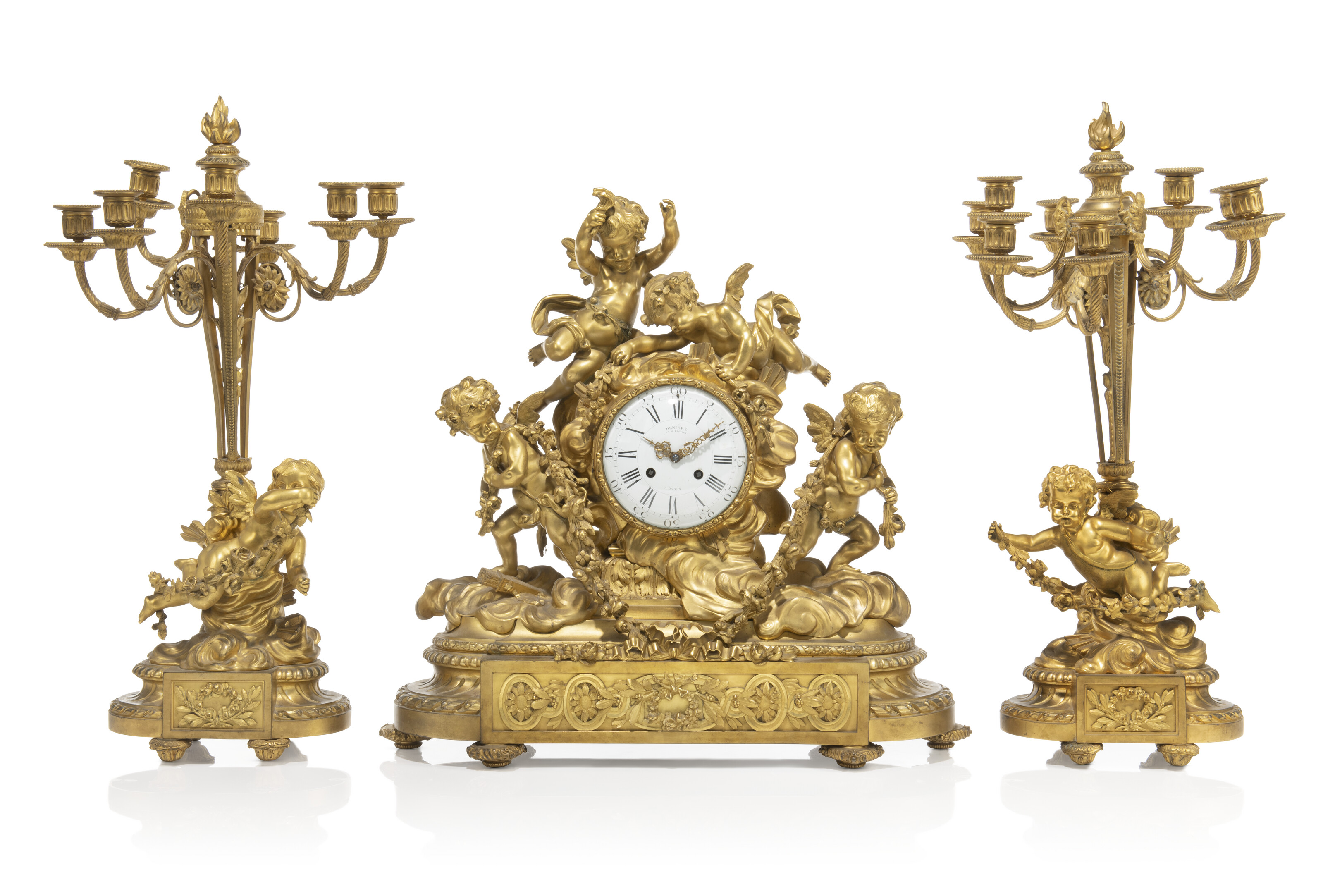 A LARGE FRENCH ORMOLU THREE-PIECE CLOCK GARNITURE, BY DENIERE, PARIS ...