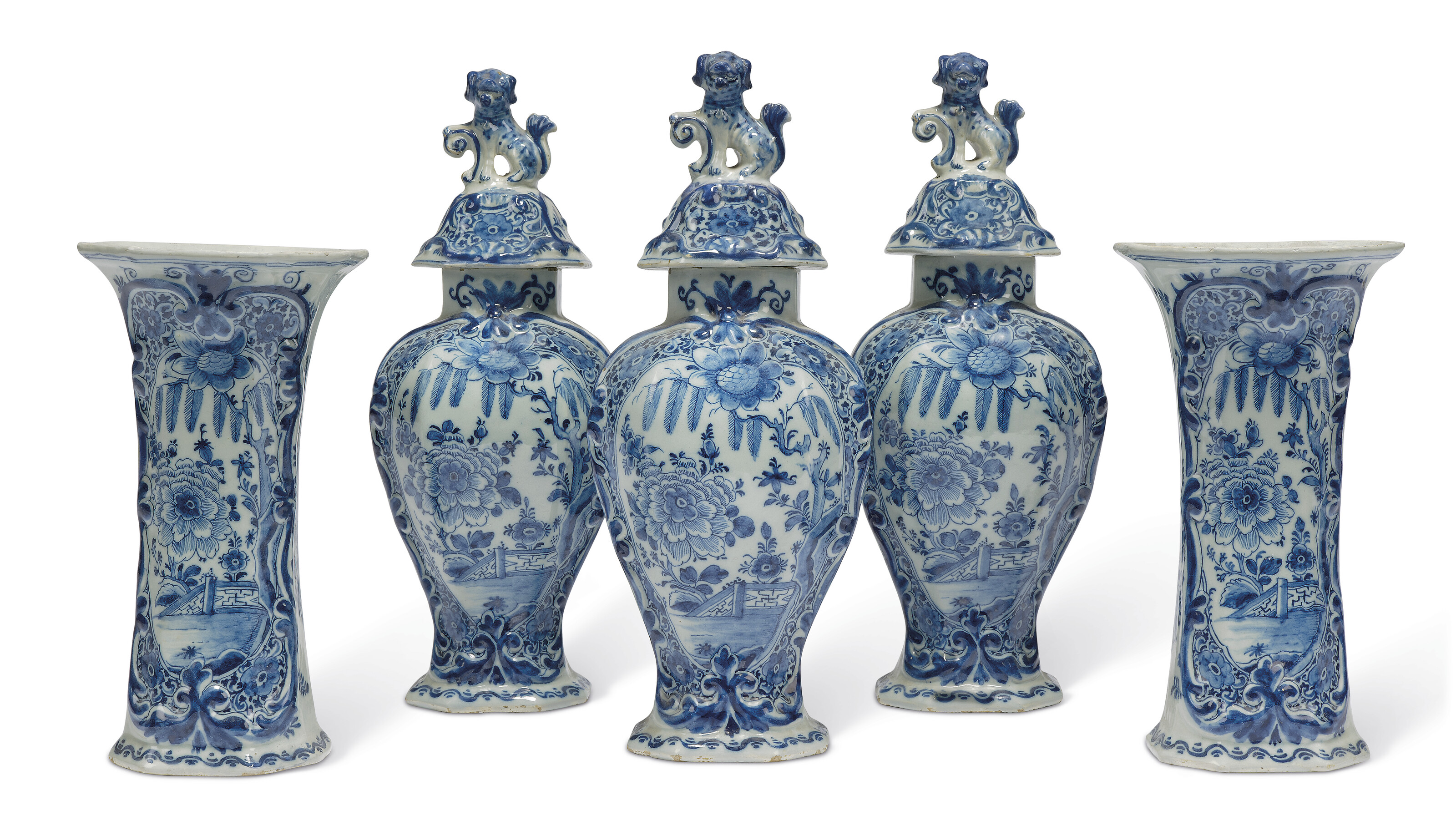 A DUTCH DELFT BLUE AND WHITE GARNITURE OF FIVE VASES, PROBABLY THIRD ...