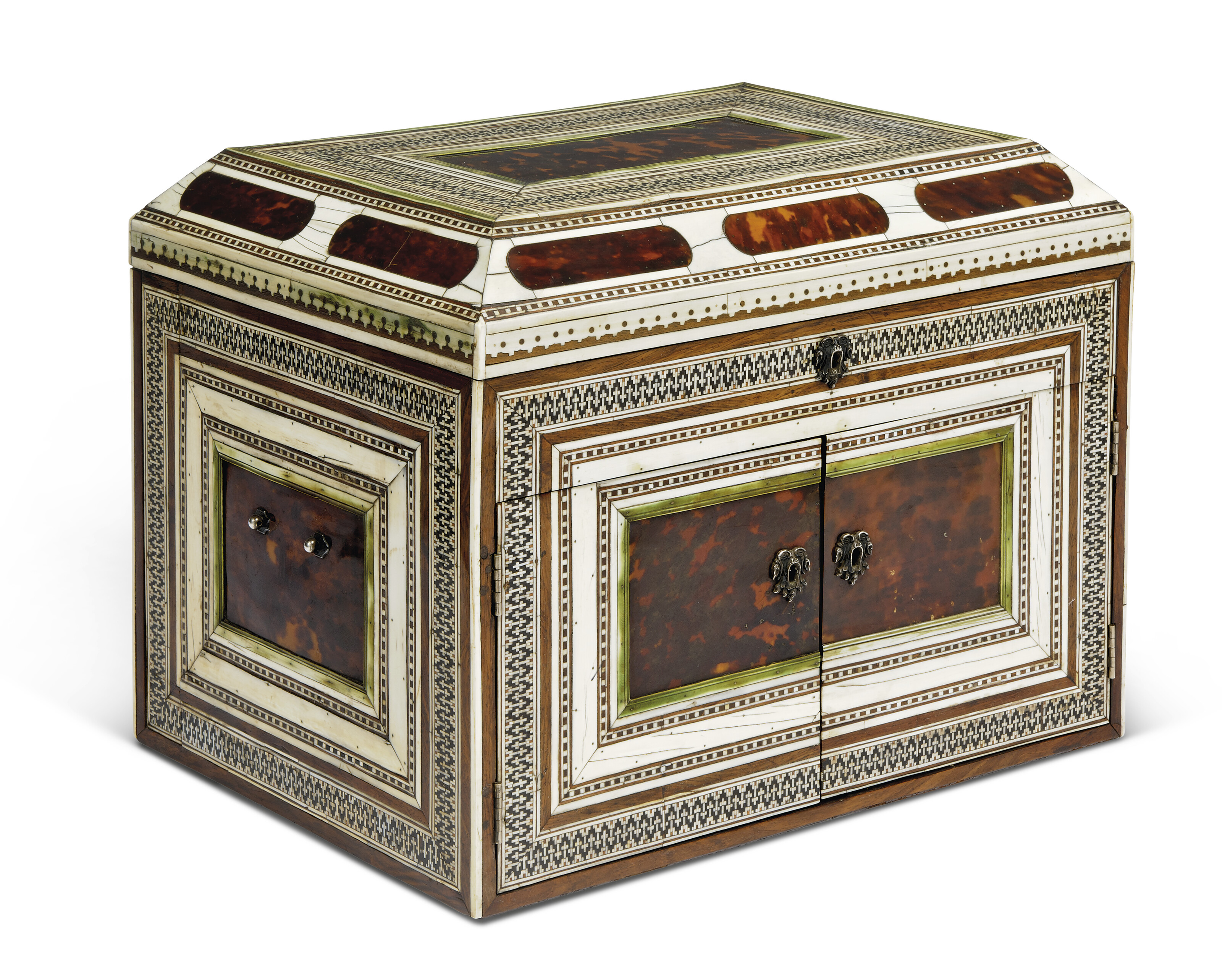 AN INDO-PORTUGUESE IVORY, GREEN-STAINED IVORY AND TORTOISESHELL-INLAID ...