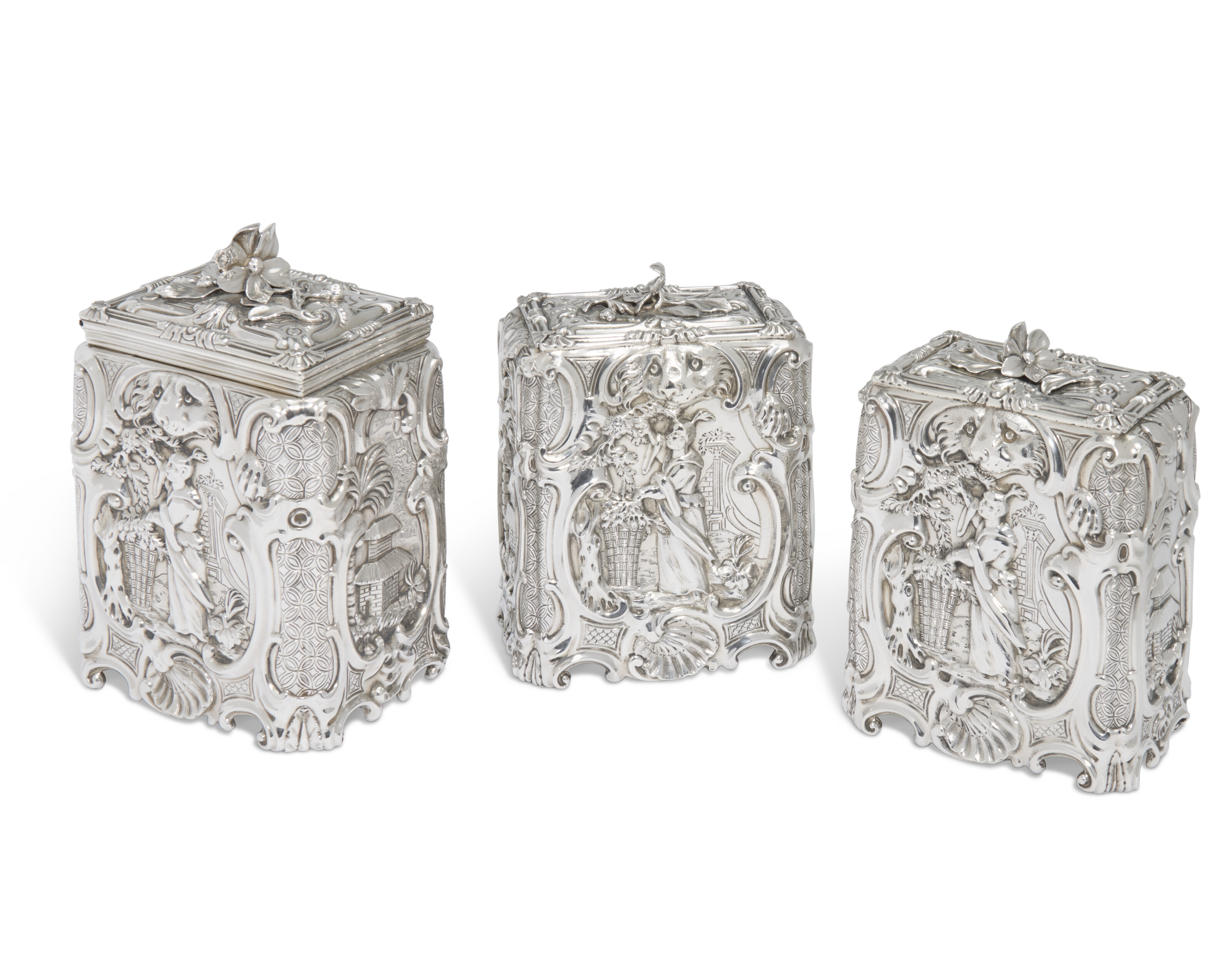 A PAIR OF GEORGE II SILVER TEA CADDIES AND MATCHING SUGAR BOX, MARK OF ...