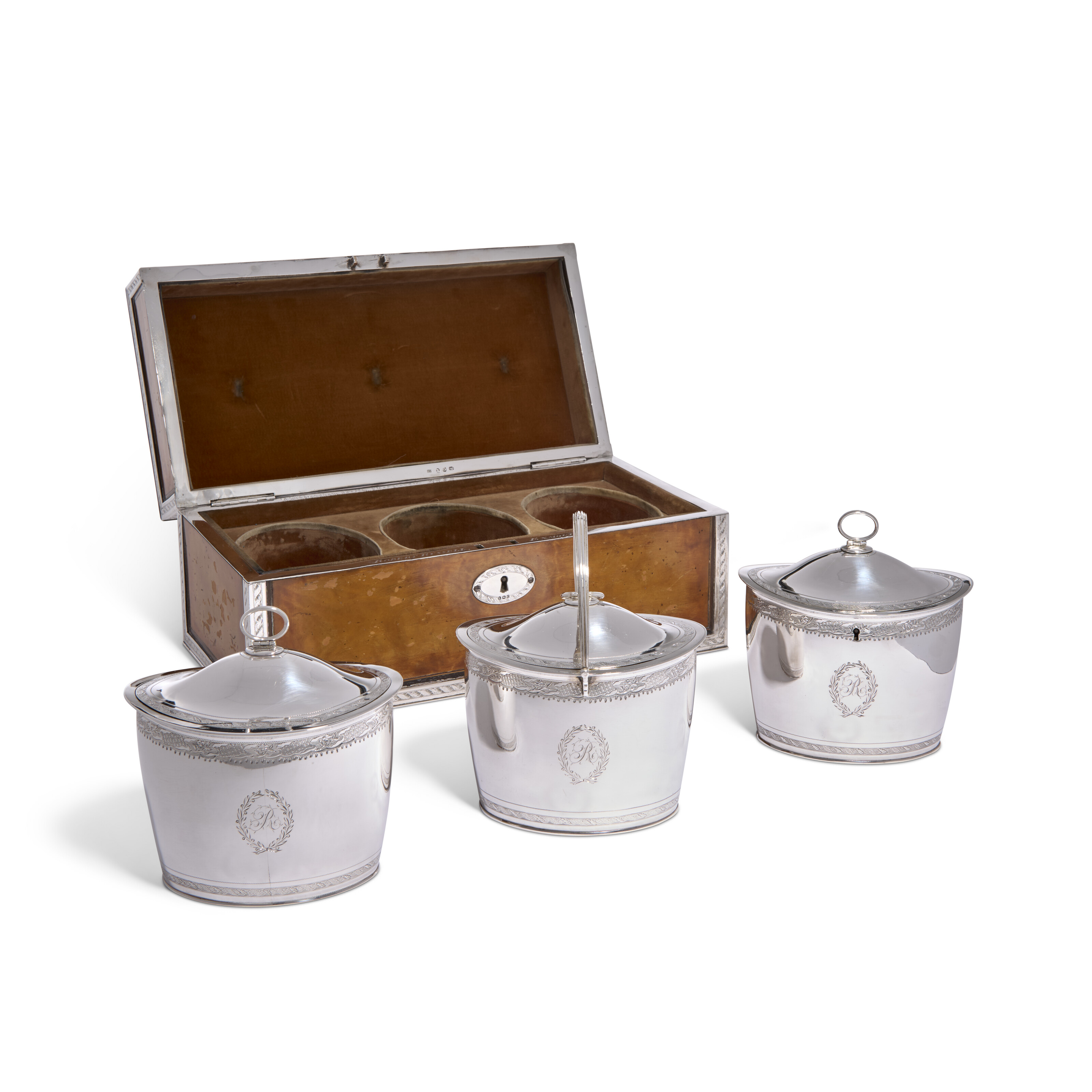 A PAIR OF GEORGE III SILVER TEA CADDIES AND A SUGAR BOX, MARK OF JOHN ...