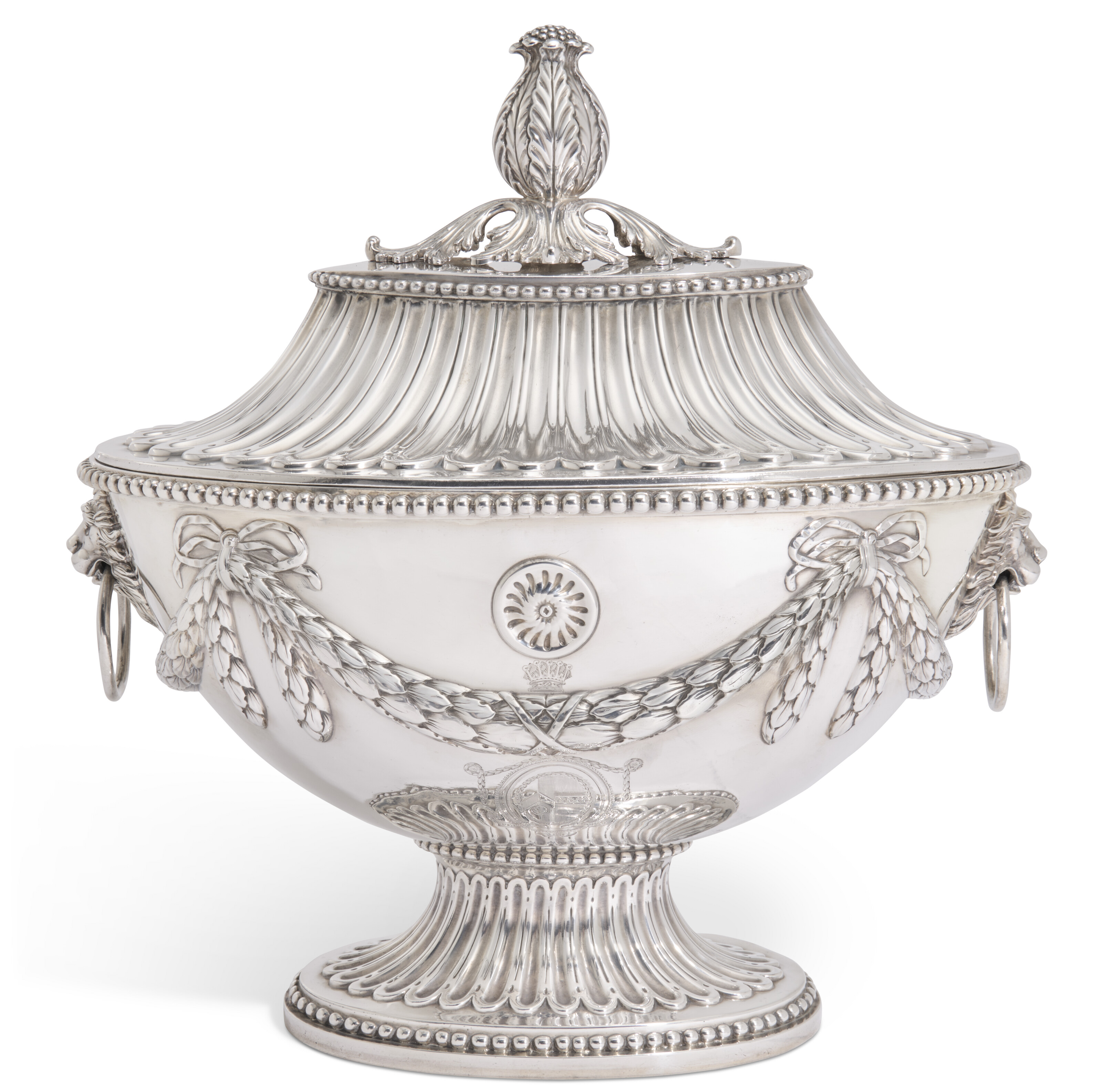 A GEORGE III SILVER SOUP TUREEN AND COVER, MARK OF LOUISA COURTAULD AND ...